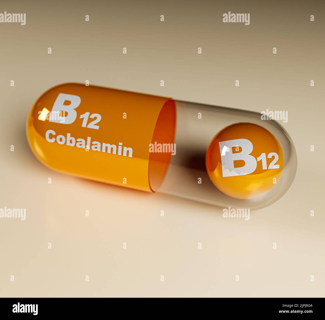 B12, vitamin b12 text on globules, capsule in b12 cobalamin, 3d ...