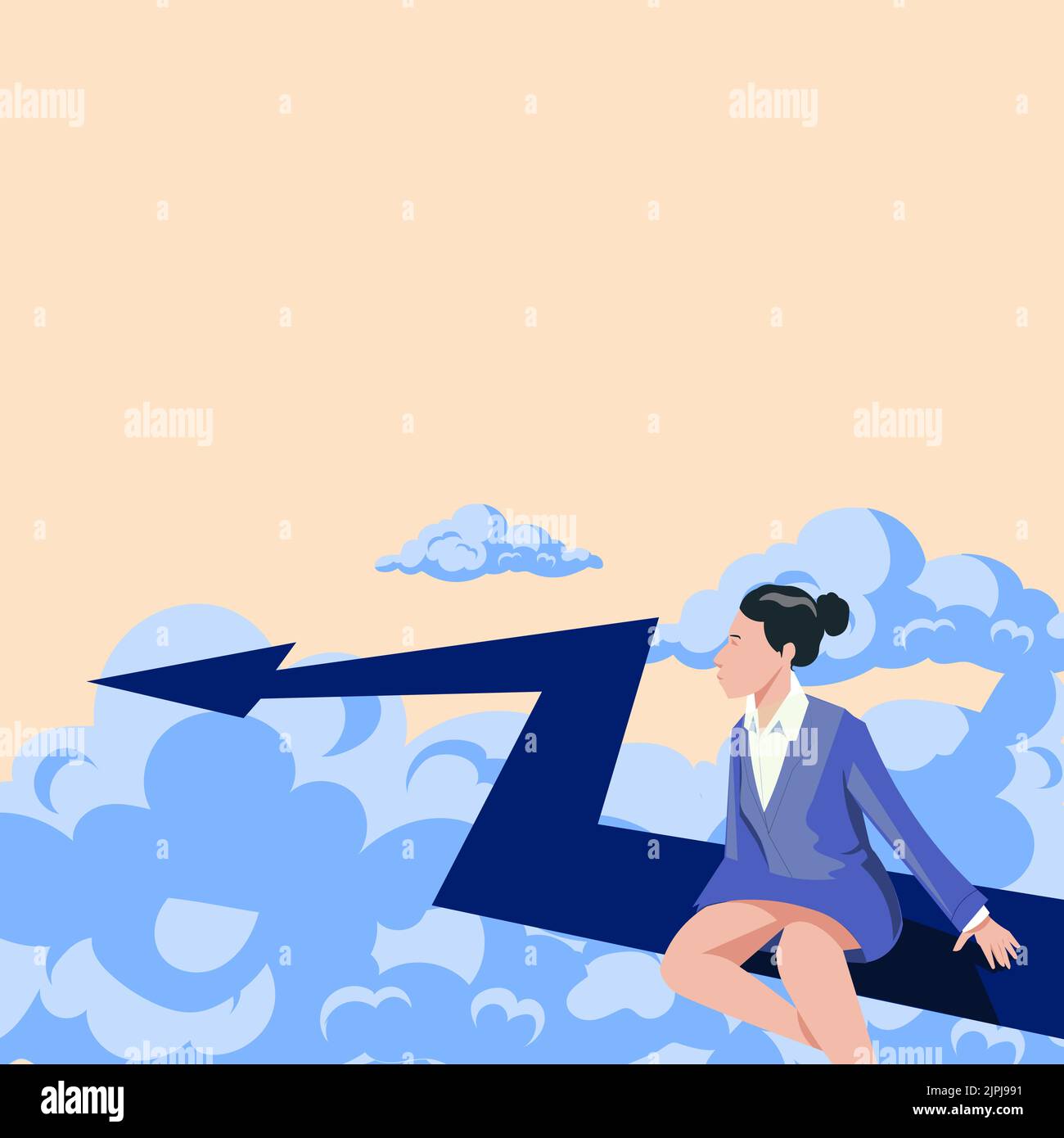 Lady Sitting Arrow Representing Financial Success. Lady Reaching Cloudy ...
