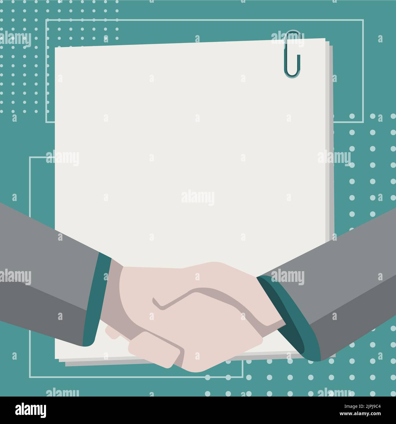 Two Colleagues Shaking Hands Accomplishing Deal With Pack Of Paper On ...