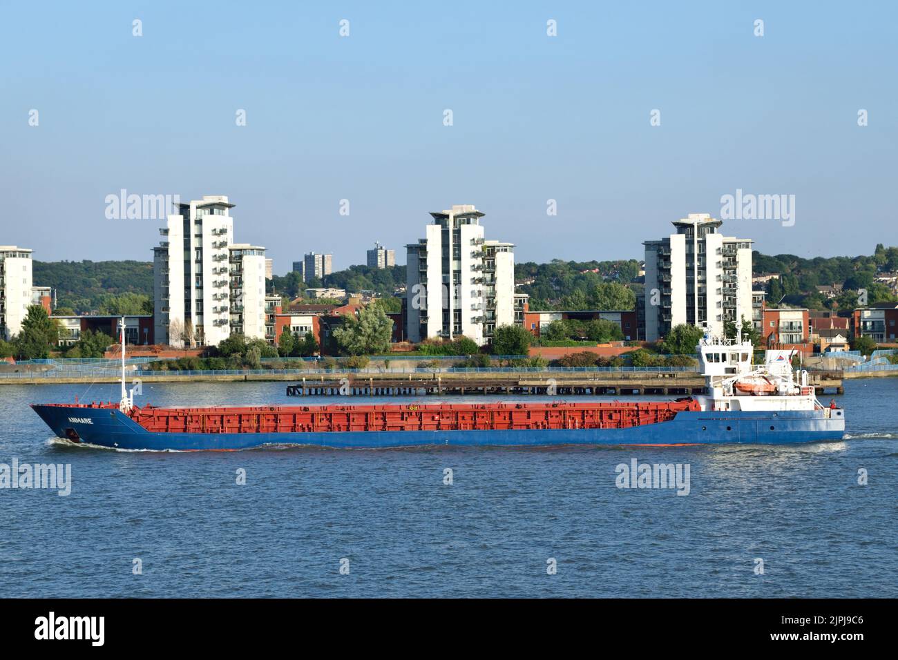 Cargo ship ANMARE heads down the River Thames after collecting a cargo ...
