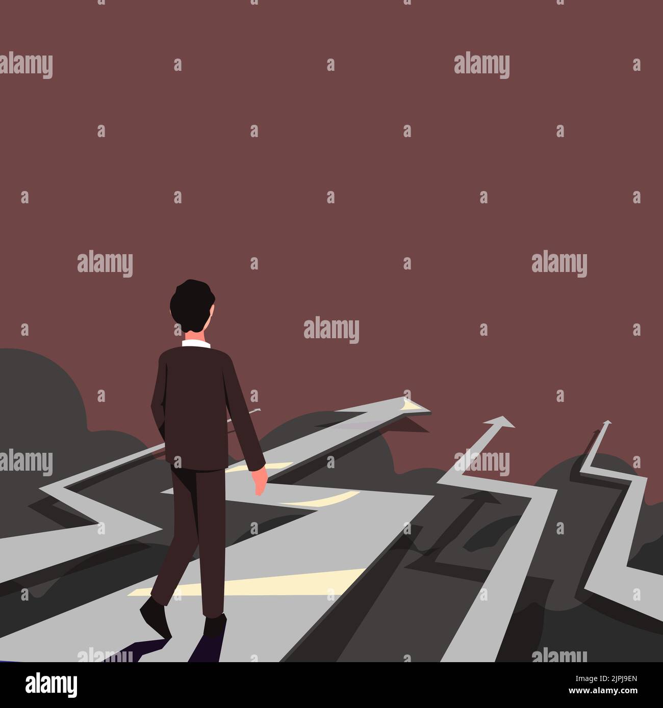 Businessman Going On Arrows In Clouds. Man In Suit Walking In Sky And ...
