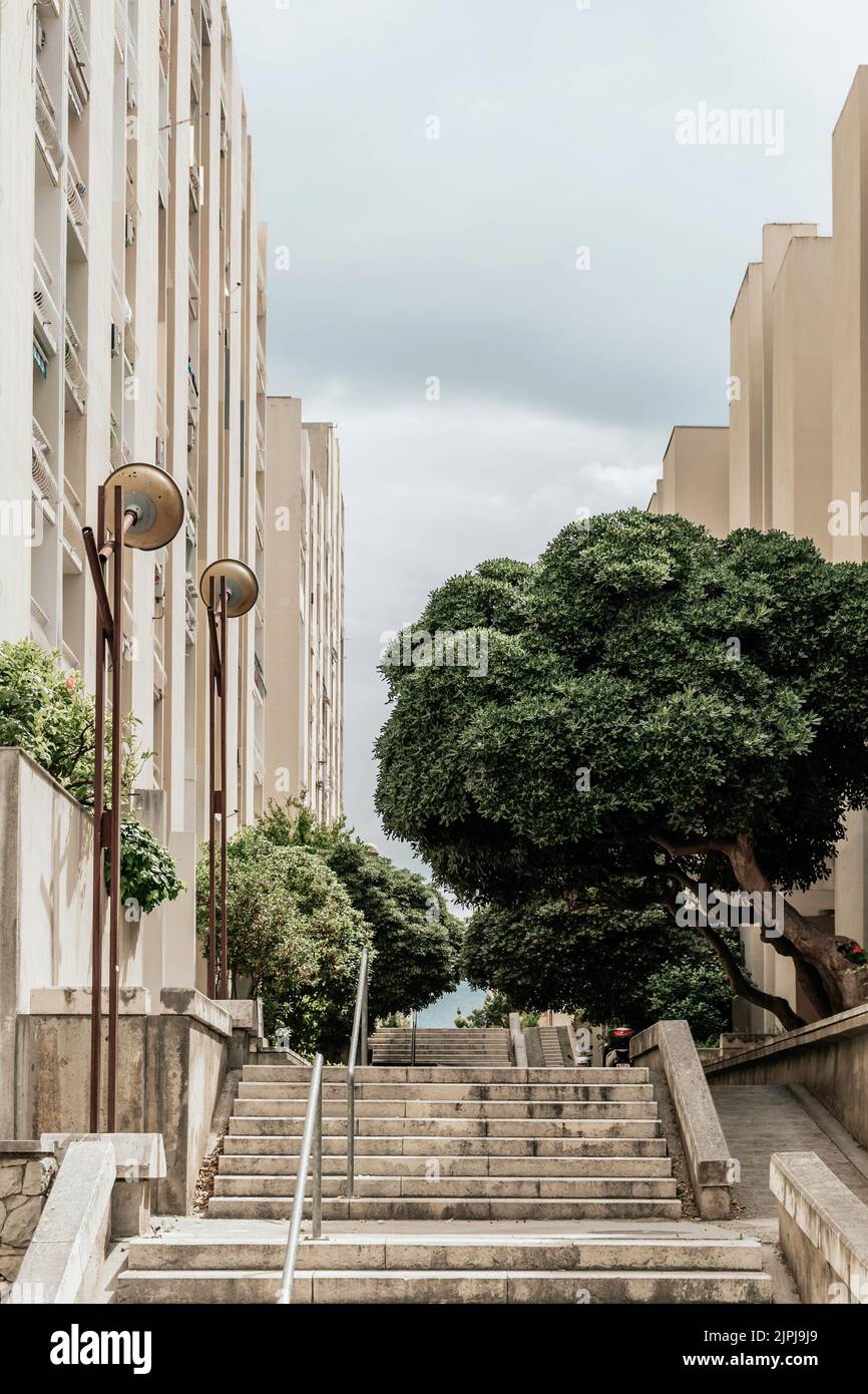 The brutalist concrete architecture of the residential area in Split ...
