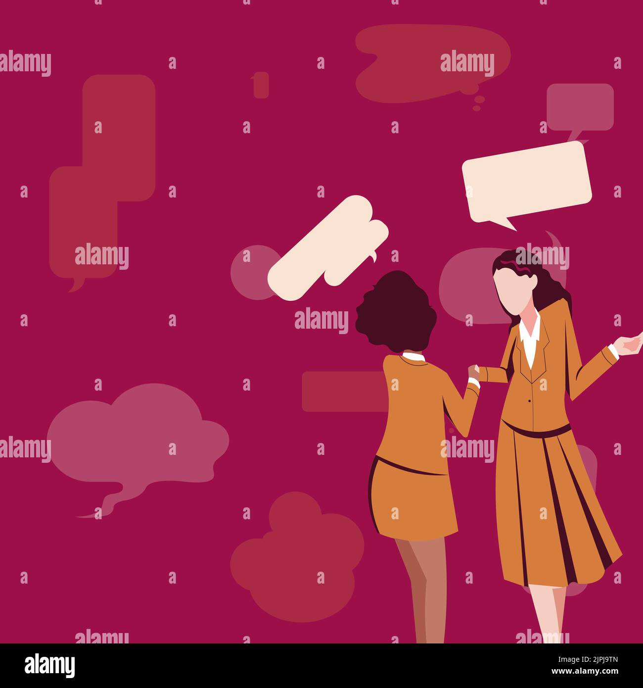 Two Colleagues Standing Sharing Thoughts Together With Speech Bubbles ...