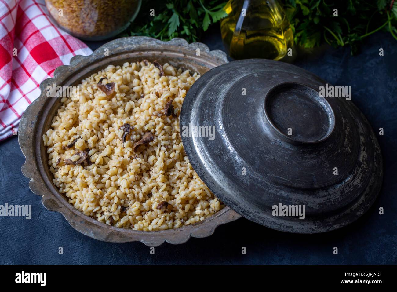 Turkish foods; Bulgur pilaf with mushrooms (Turkish name; mantarli ...