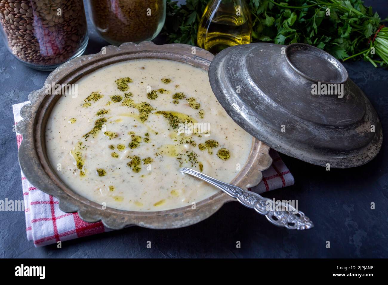 Traditional delicious Turkish food; Yoghurt soup (Turkish name; yayla ...