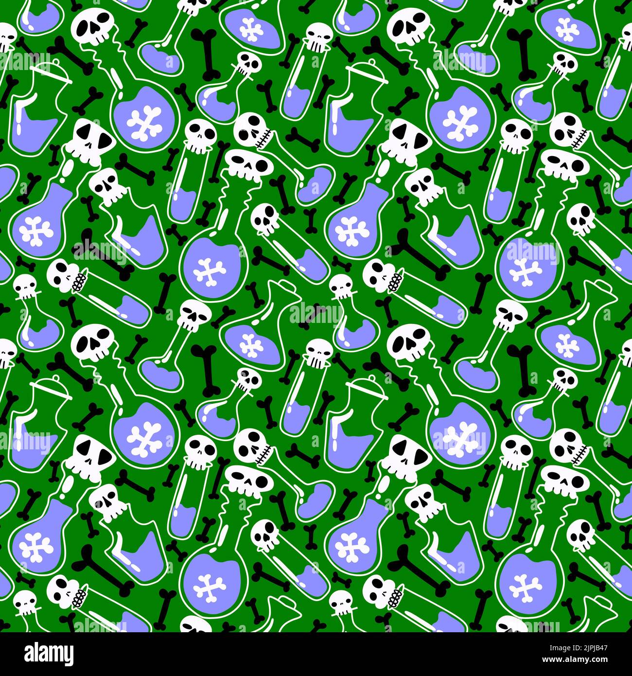 Cartoon Halloween seamless witch poison potion sculls bones pattern for ...