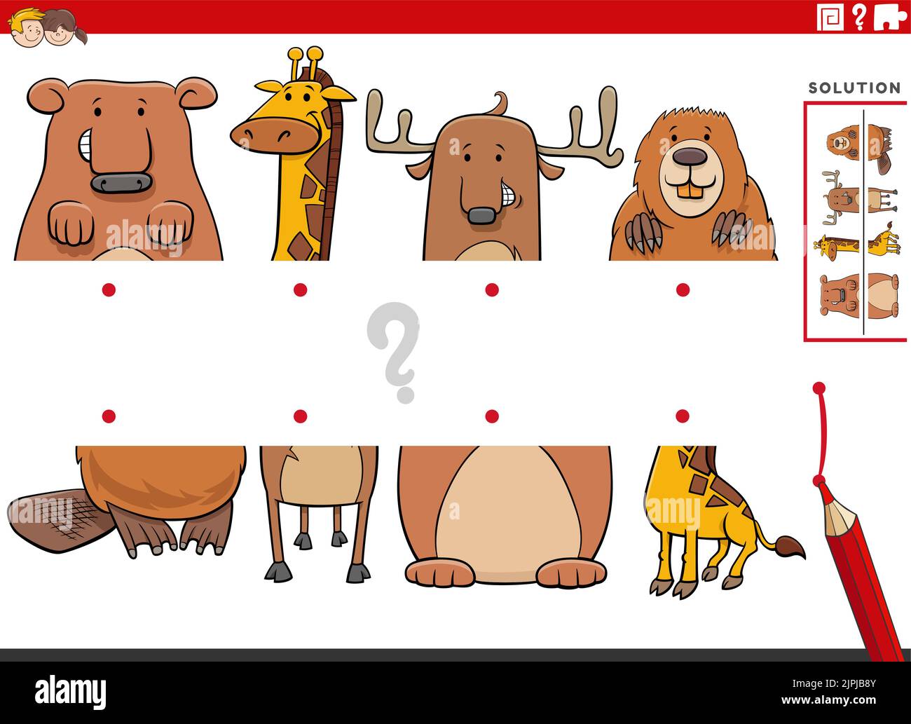 Cartoon illustration of educational game of matching halves of pictures ...