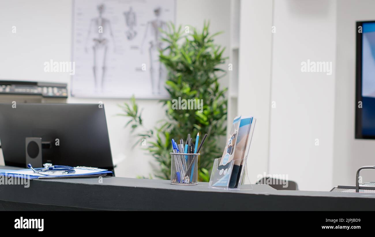 Empty hospital reception counter at emergency clinic, desk to make ...
