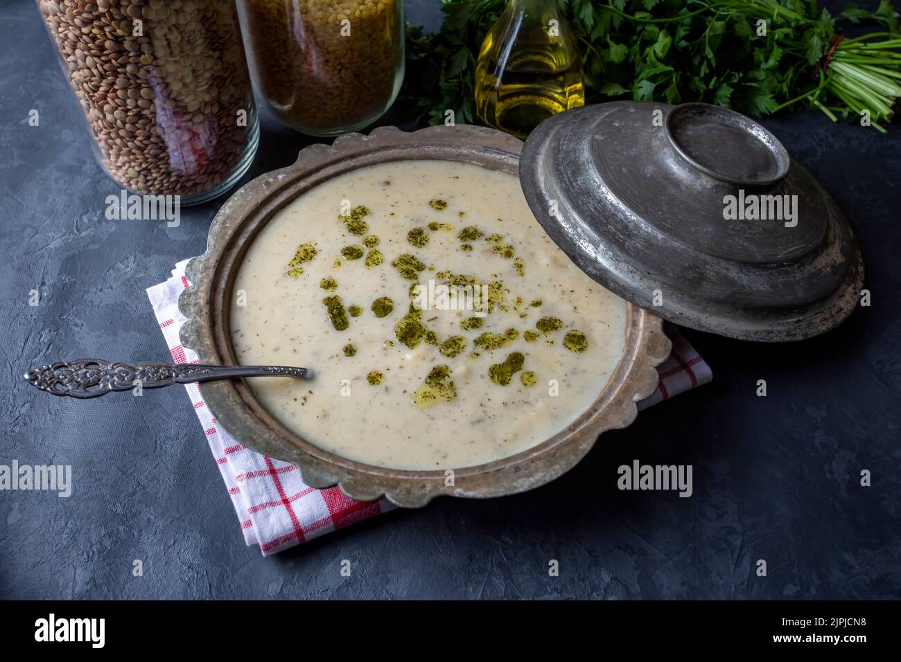 Traditional delicious Turkish food; Yoghurt soup (Turkish name; yayla ...