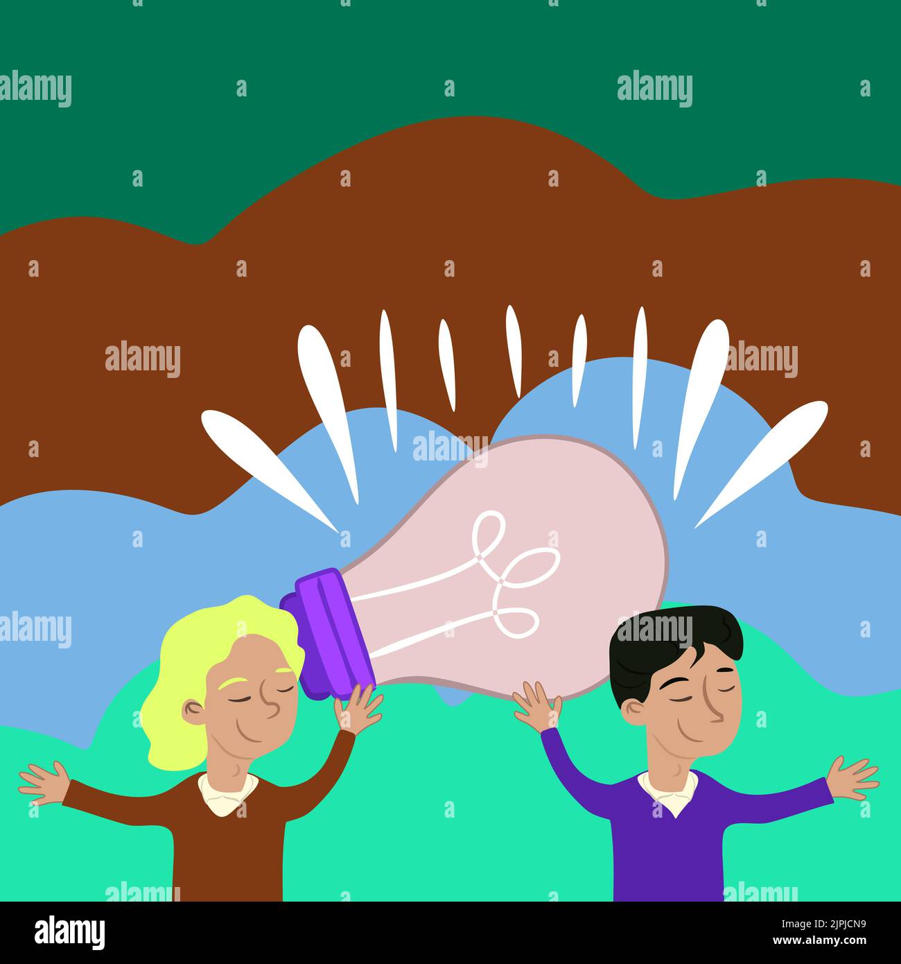 Two Colleagues Holding Lamp Presenting New Achievement Reached ...