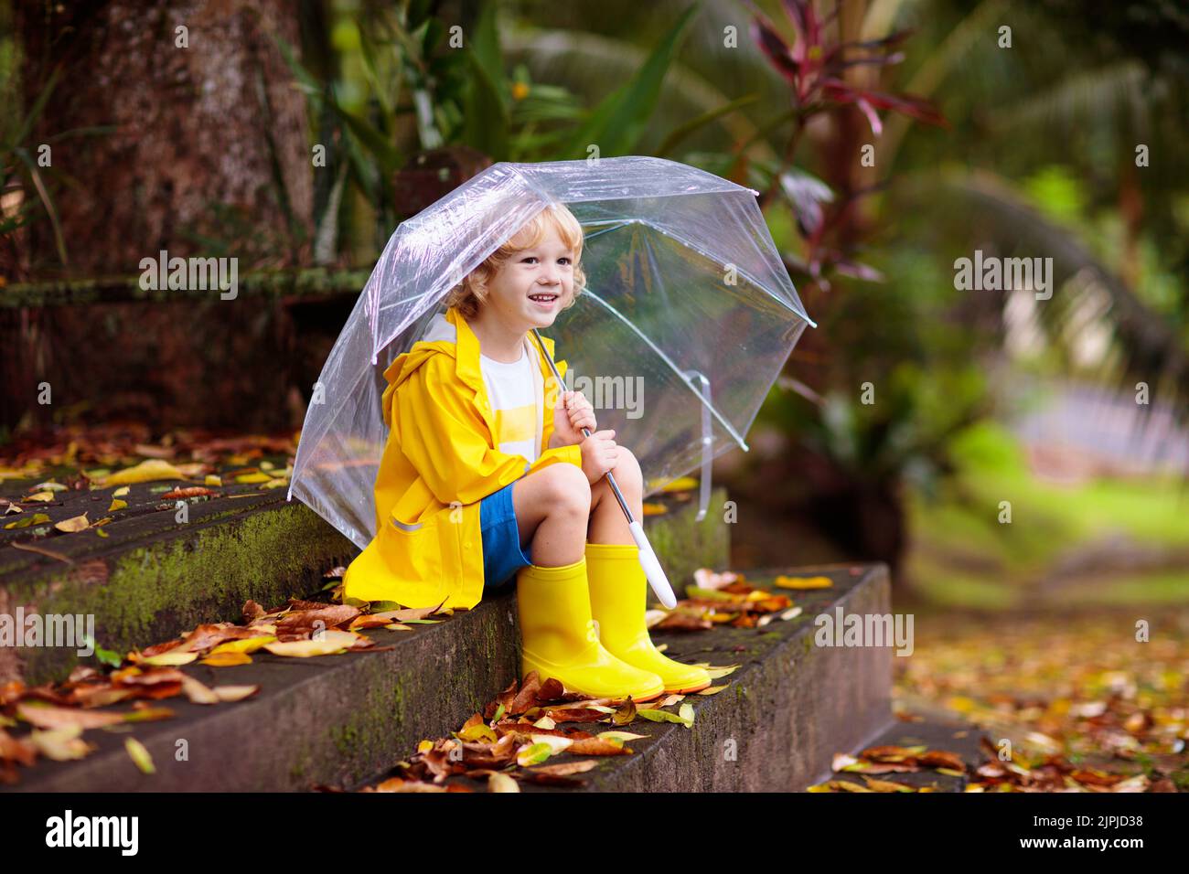 Child playing in autumn rain. Kid with umbrella. Little boy running in ...