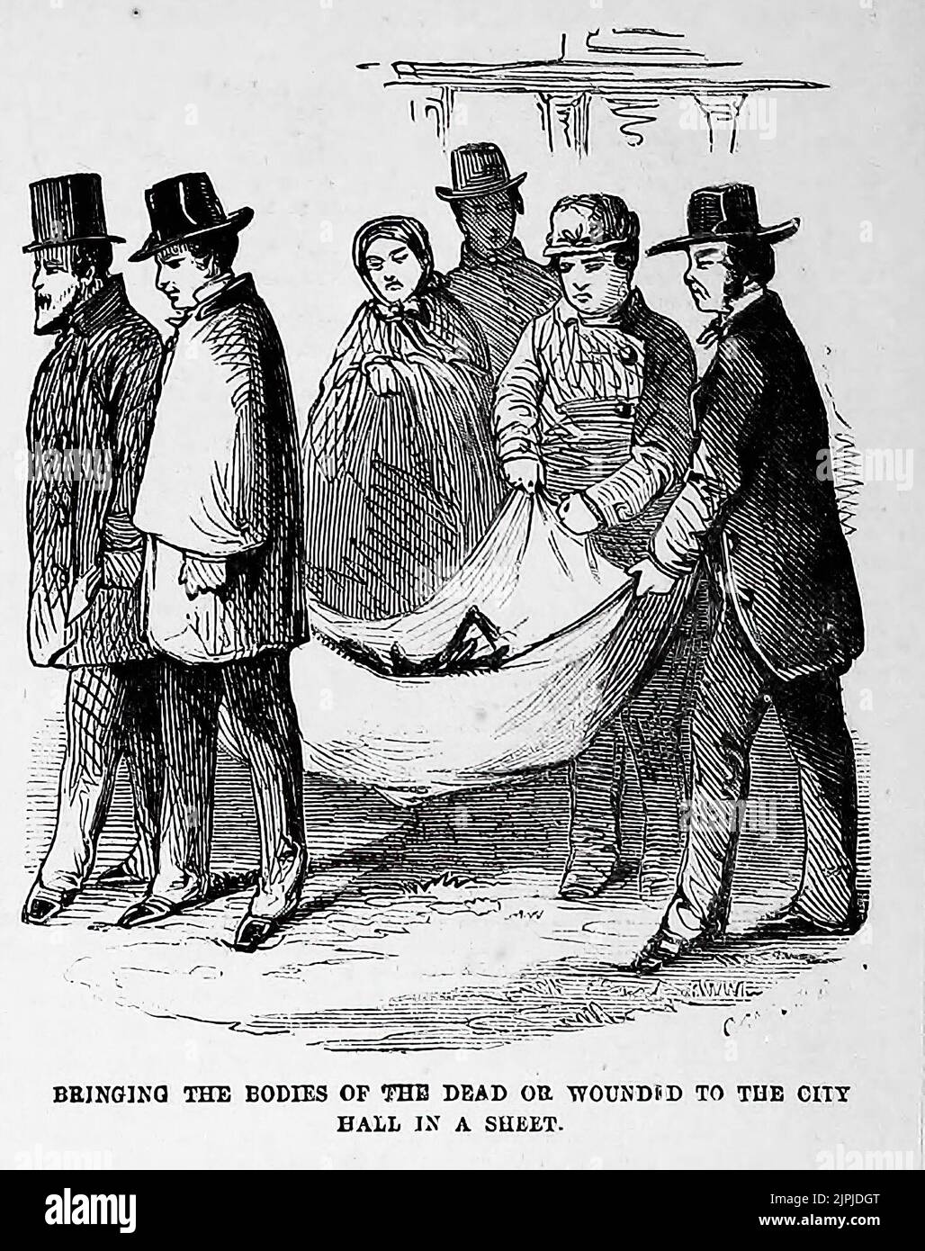 Bringing the bodies of the dead or wounded to the City Hall in a sheet ...