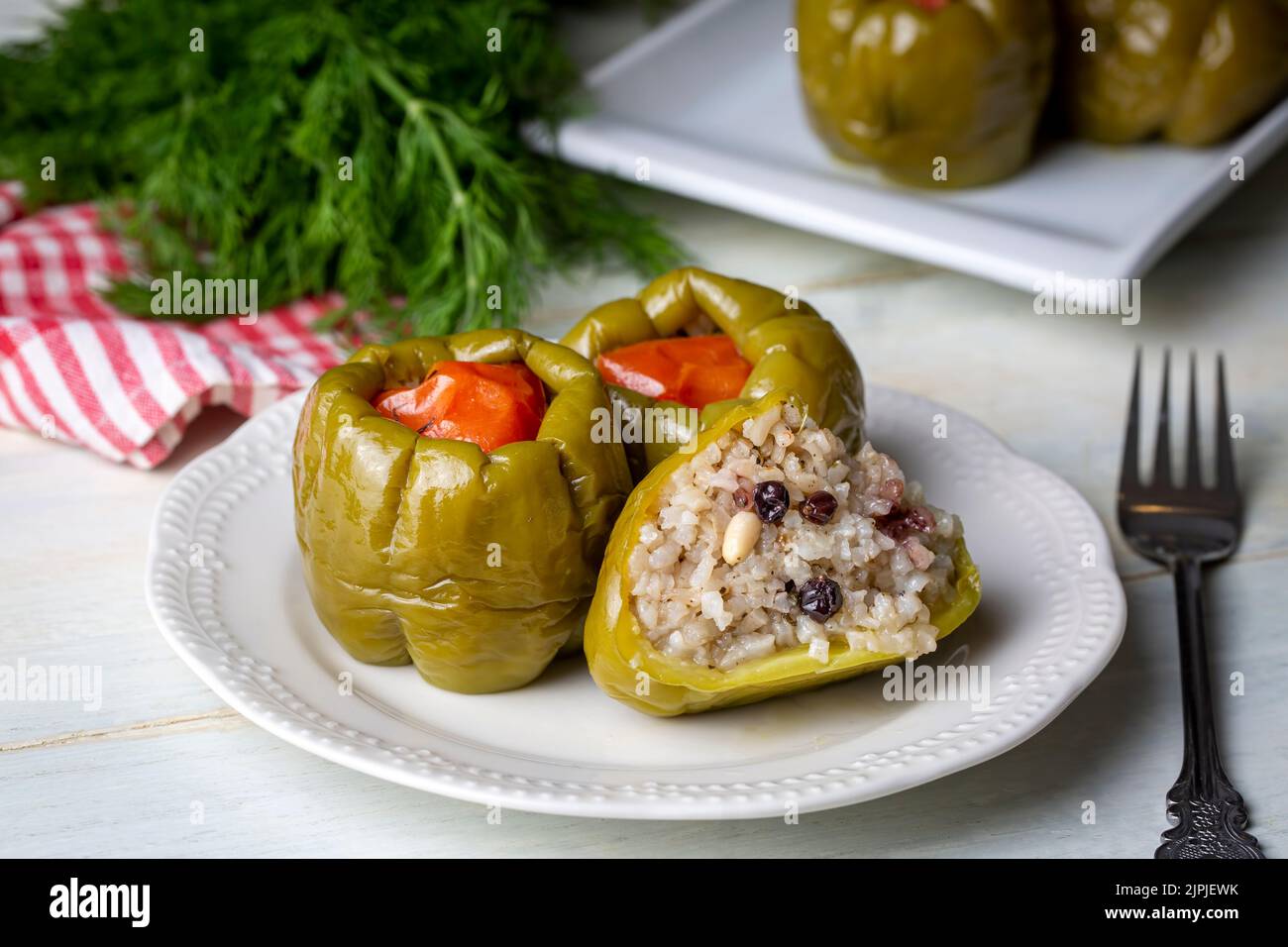 Traditional Turkish foods; Stuffed pepper (Turkish name; biber dolmasi ...