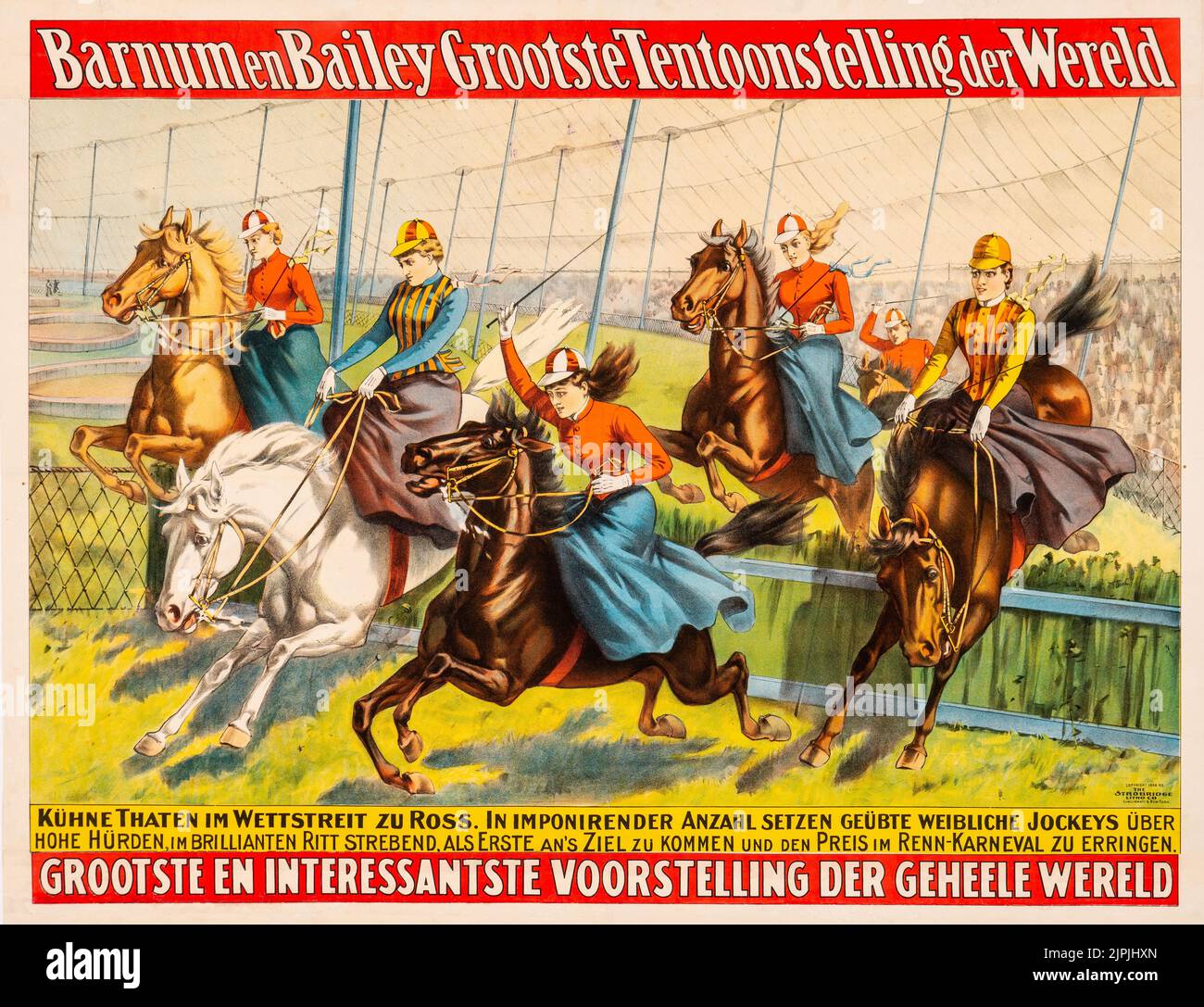 1897: Vintage advertising poster. Barnum & Bailey women rider steeple ...