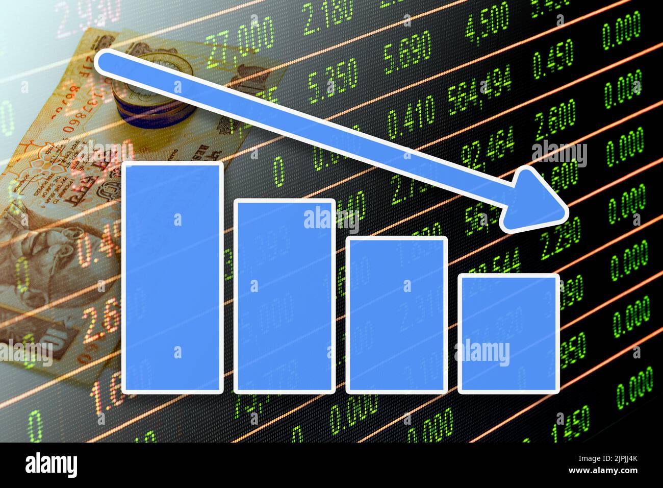 Economy Chart - Down Arrow, Cash Indian Rupees Notes and Stock Market ...