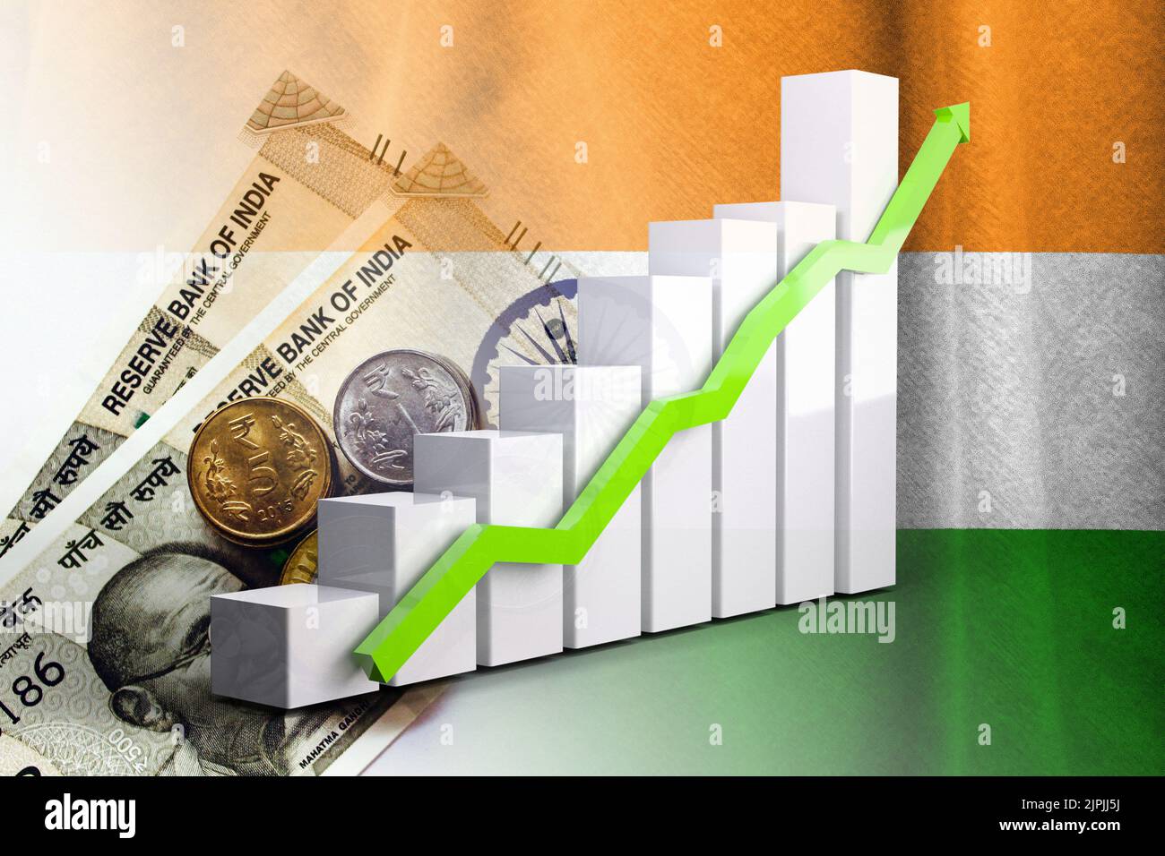 Economy Graph - Up Arrow, Cash Indian Rupees Notes and Indian Flag ...