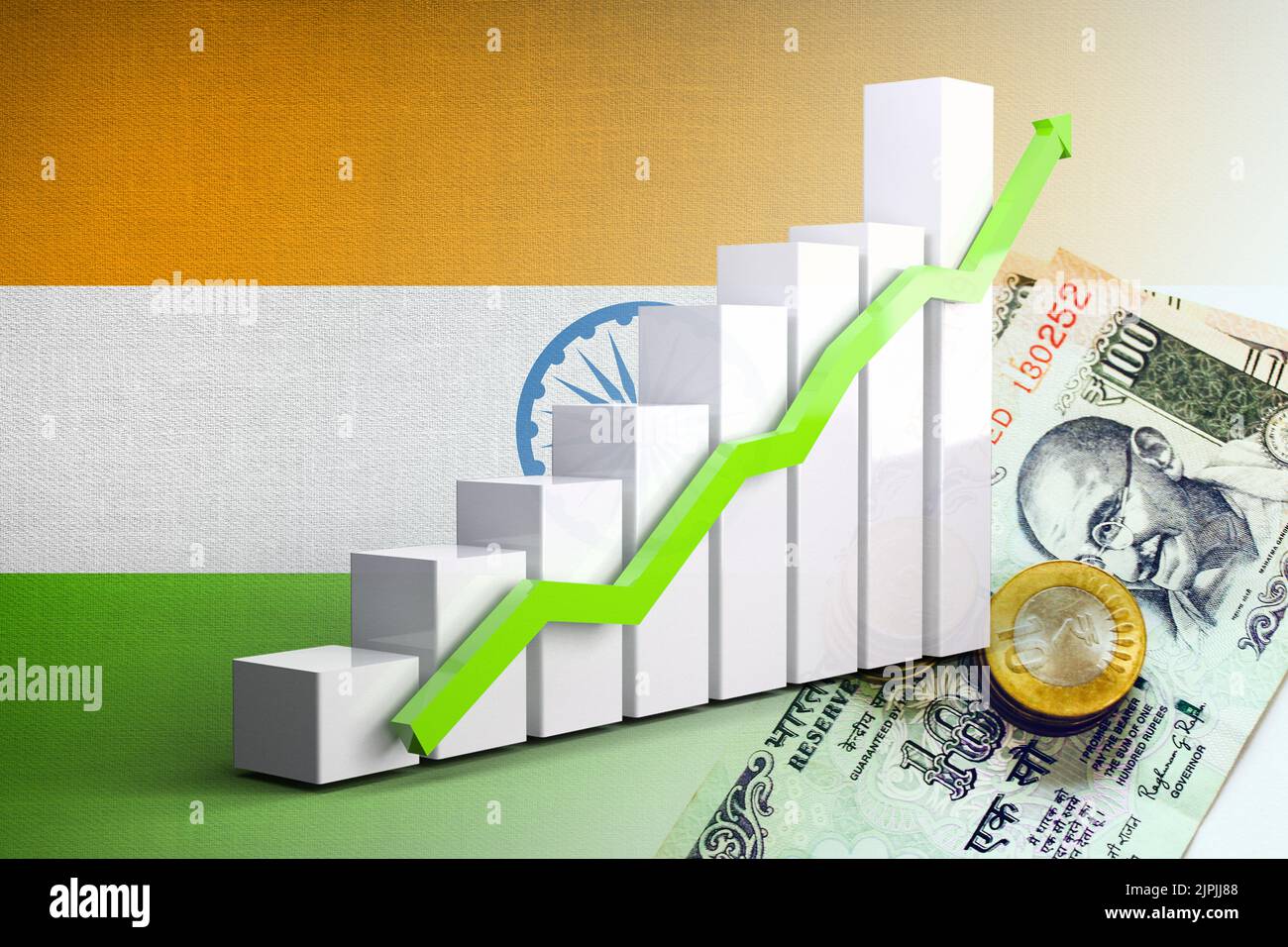 Economy Graph - Up Arrow, Cash Indian Rupees Notes and Indian Flag ...