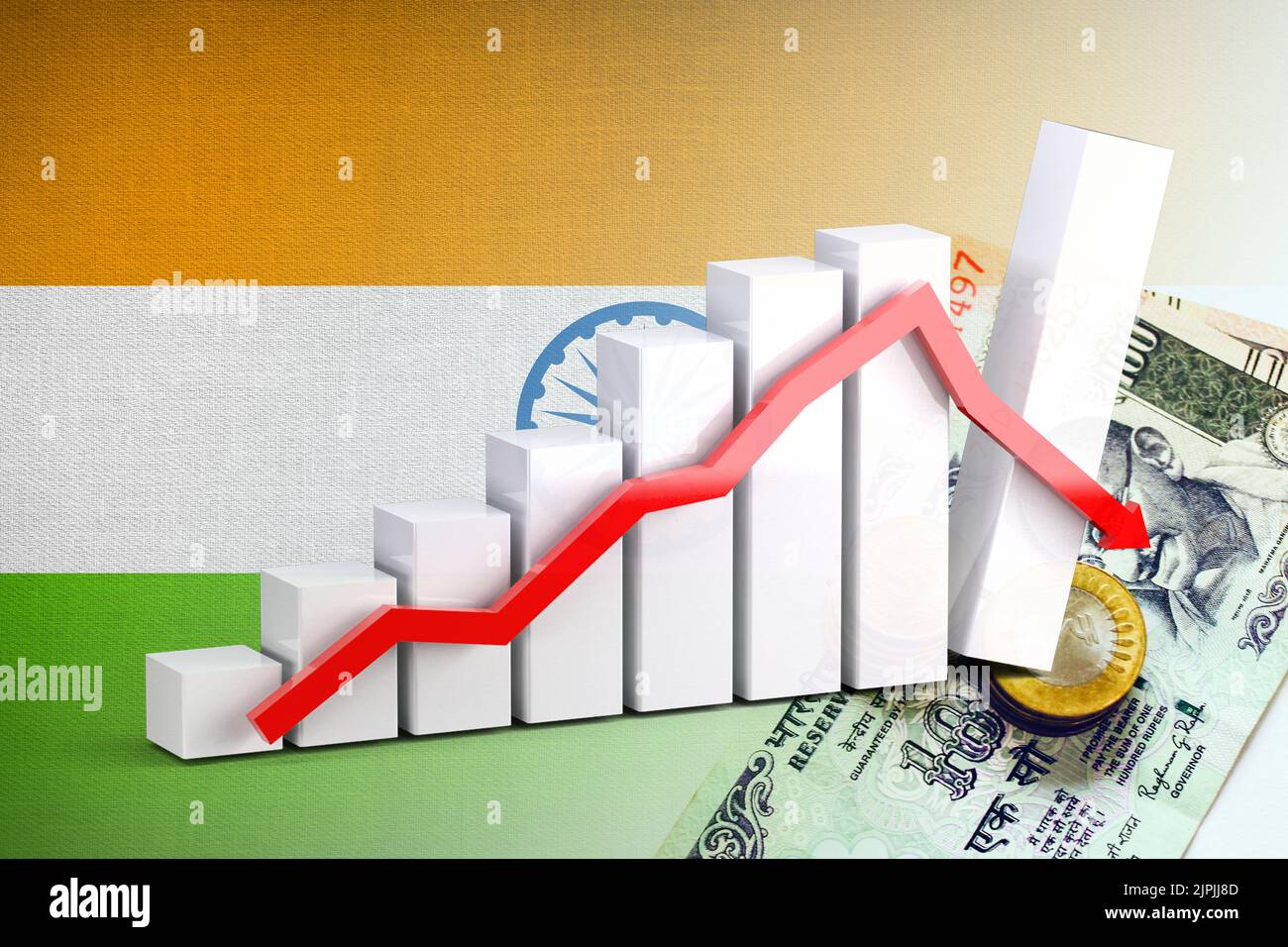 Economy Graph - Down Arrow, Cash Indian Rupees Notes and Indian Flag ...