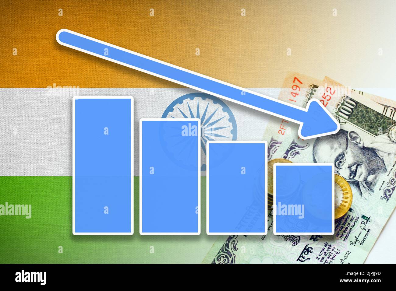 Economy Graph - Down Arrow, Cash Indian Rupees Notes and Indian Flag ...