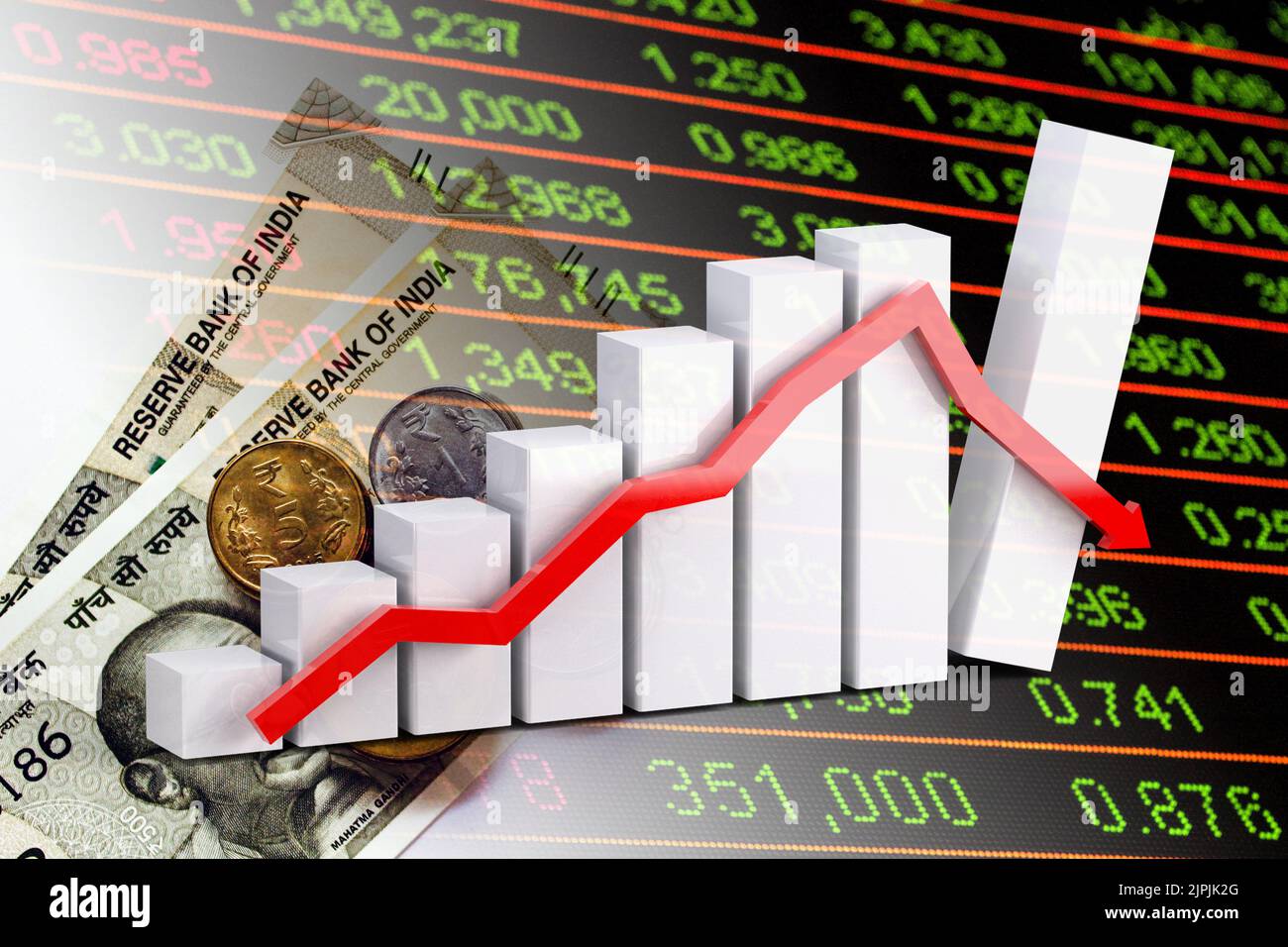 Economy Chart - Down Arrow, Cash Indian Rupees Notes and Stock Market ...