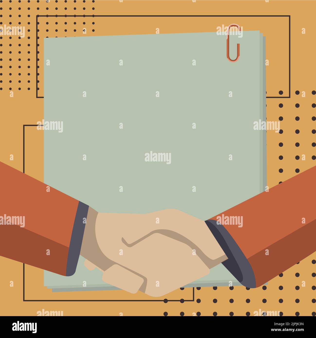 Two Colleagues Shaking Hands Accomplishing Deal With Pack Of Paper On ...