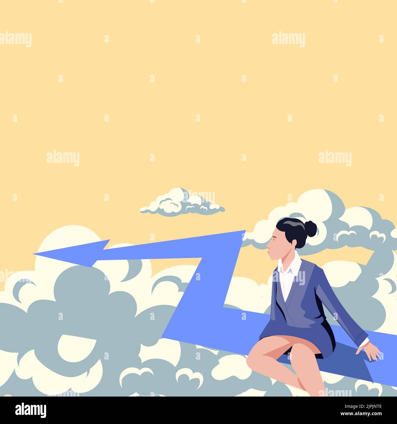 Lady Sitting Arrow Representing Financial Success. Lady Reaching Cloudy ...