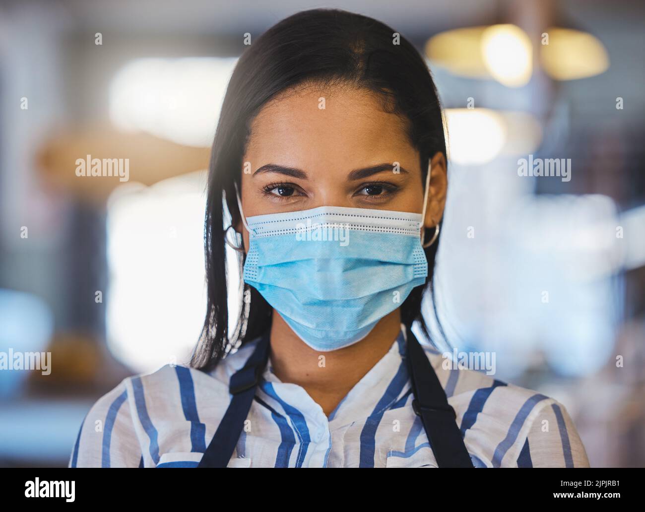 Startup, coffee shop and restaurant cafe businesswoman with covid face ...