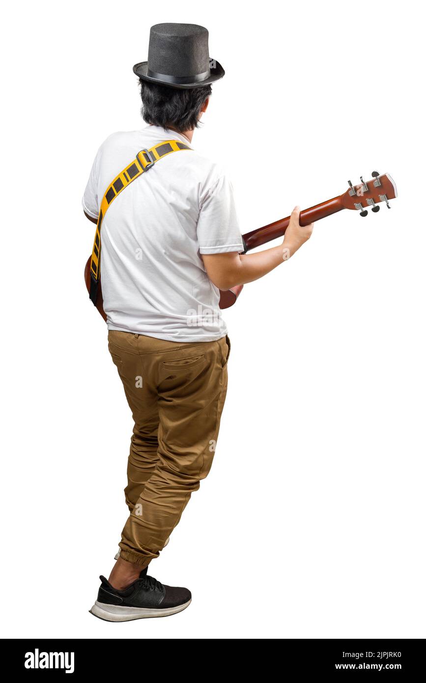 Rear view of a man playing guitar isolated over white background Stock ...