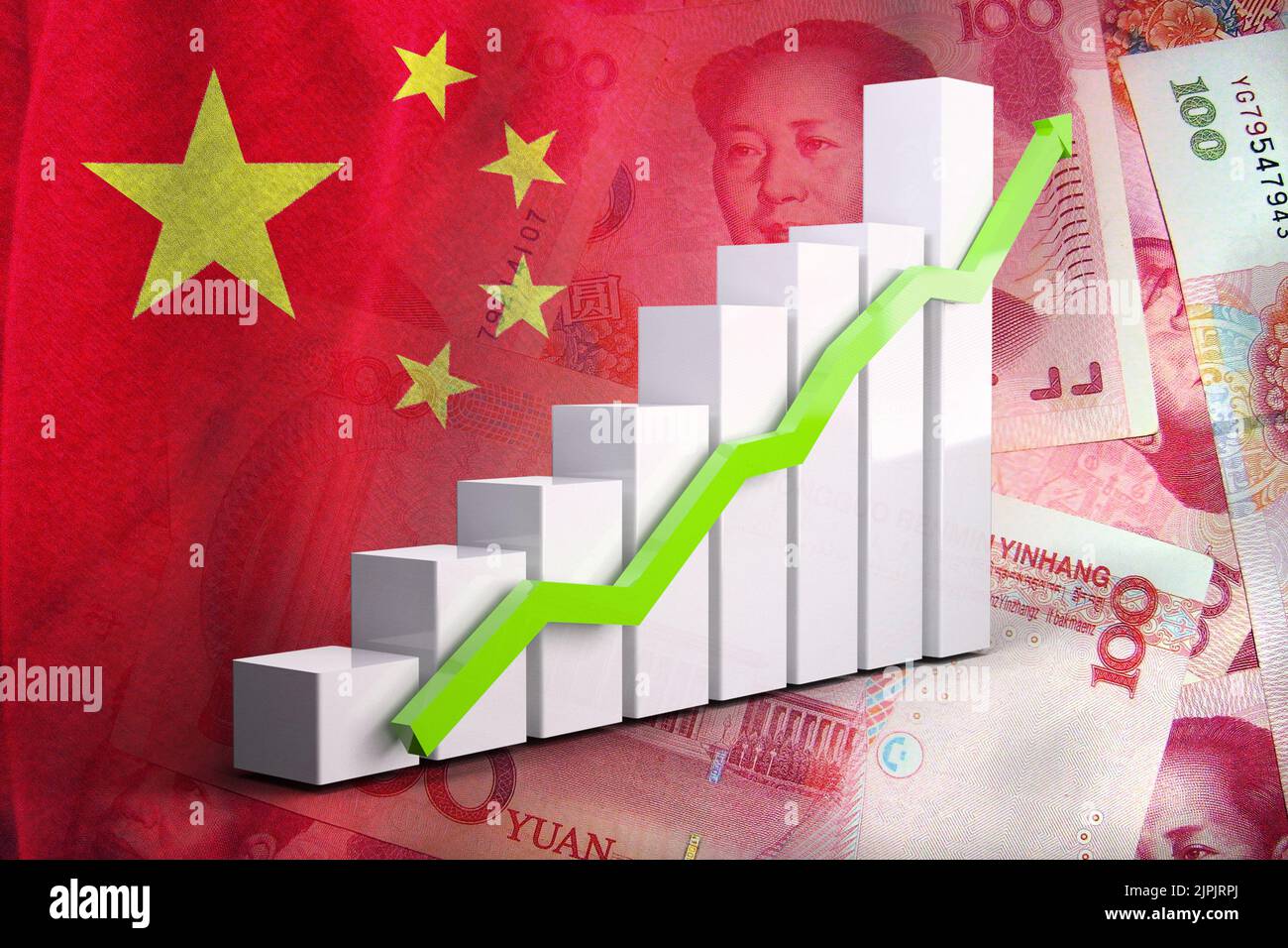 Economy Graph - Up Arrow, Cash Yuan Bills and Chinese Flag Stock Photo ...