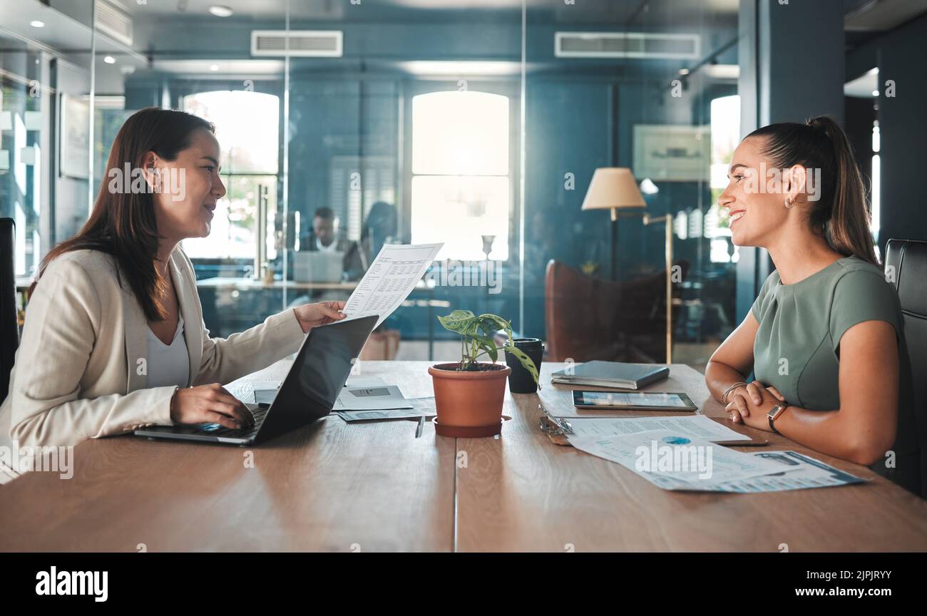 Job interview for a business woman at a hiring company talking to the ...