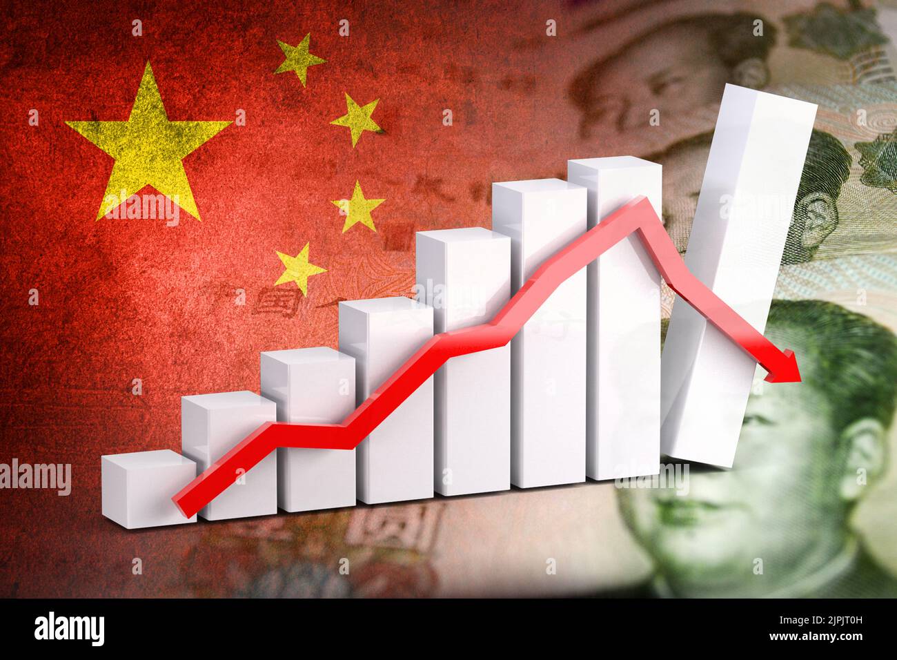 Economy Graph - Down Arrow, Cash Yuan Bills and Chinese Flag Stock ...