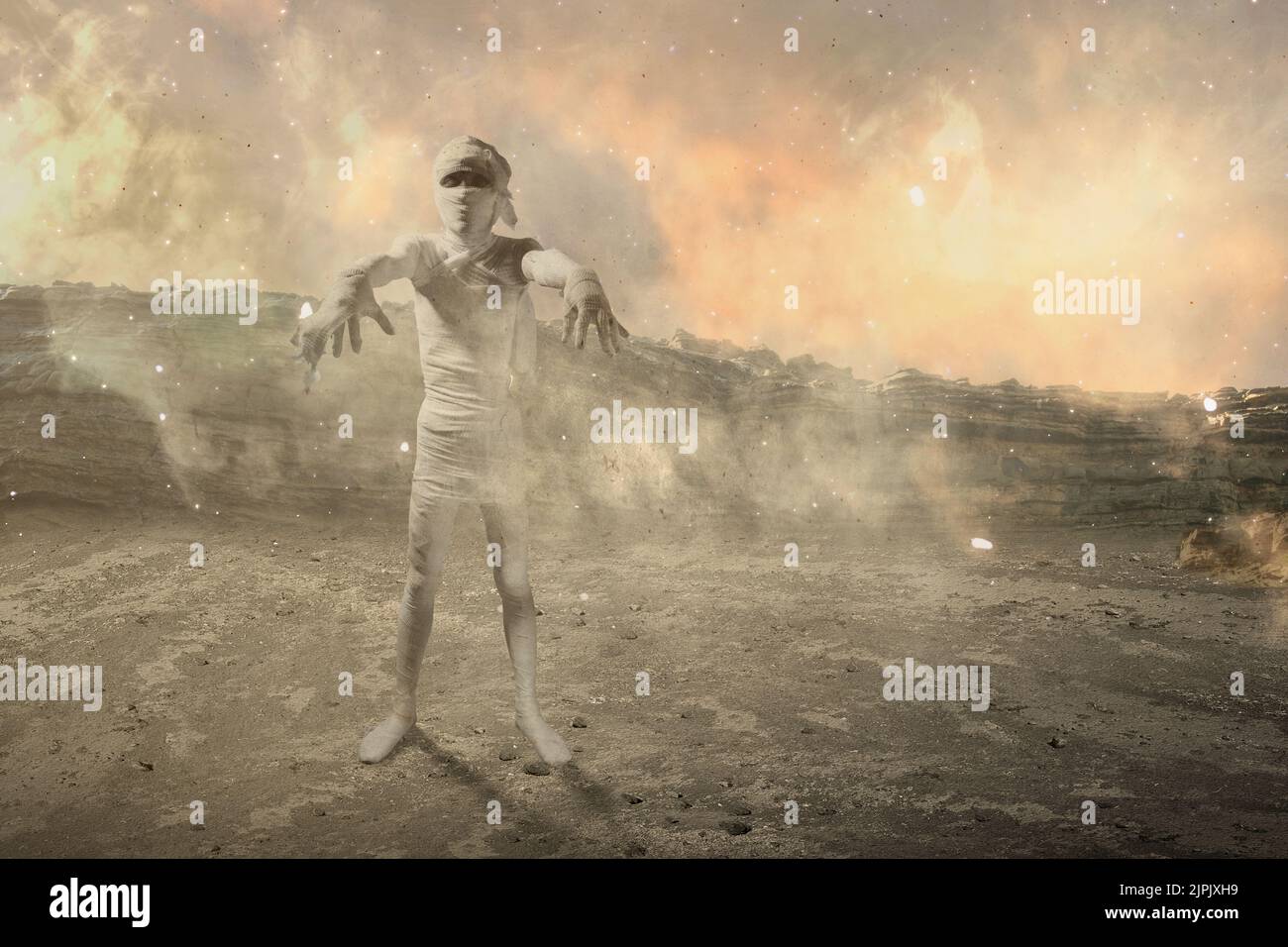 Mummy walking with claw hands with the fire sparks background ...