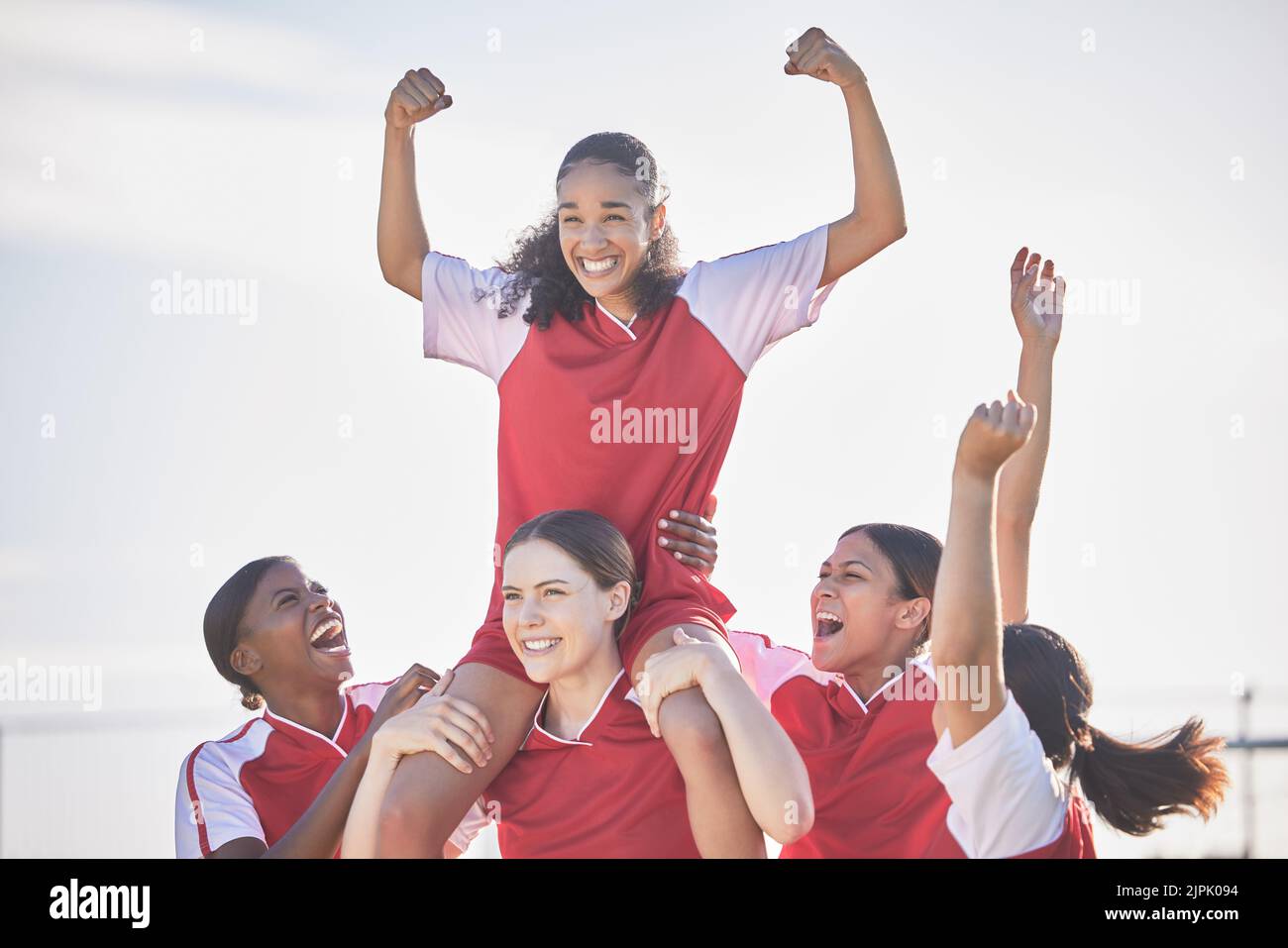 Win, celebrate and excited women soccer team happy about winning a ...
