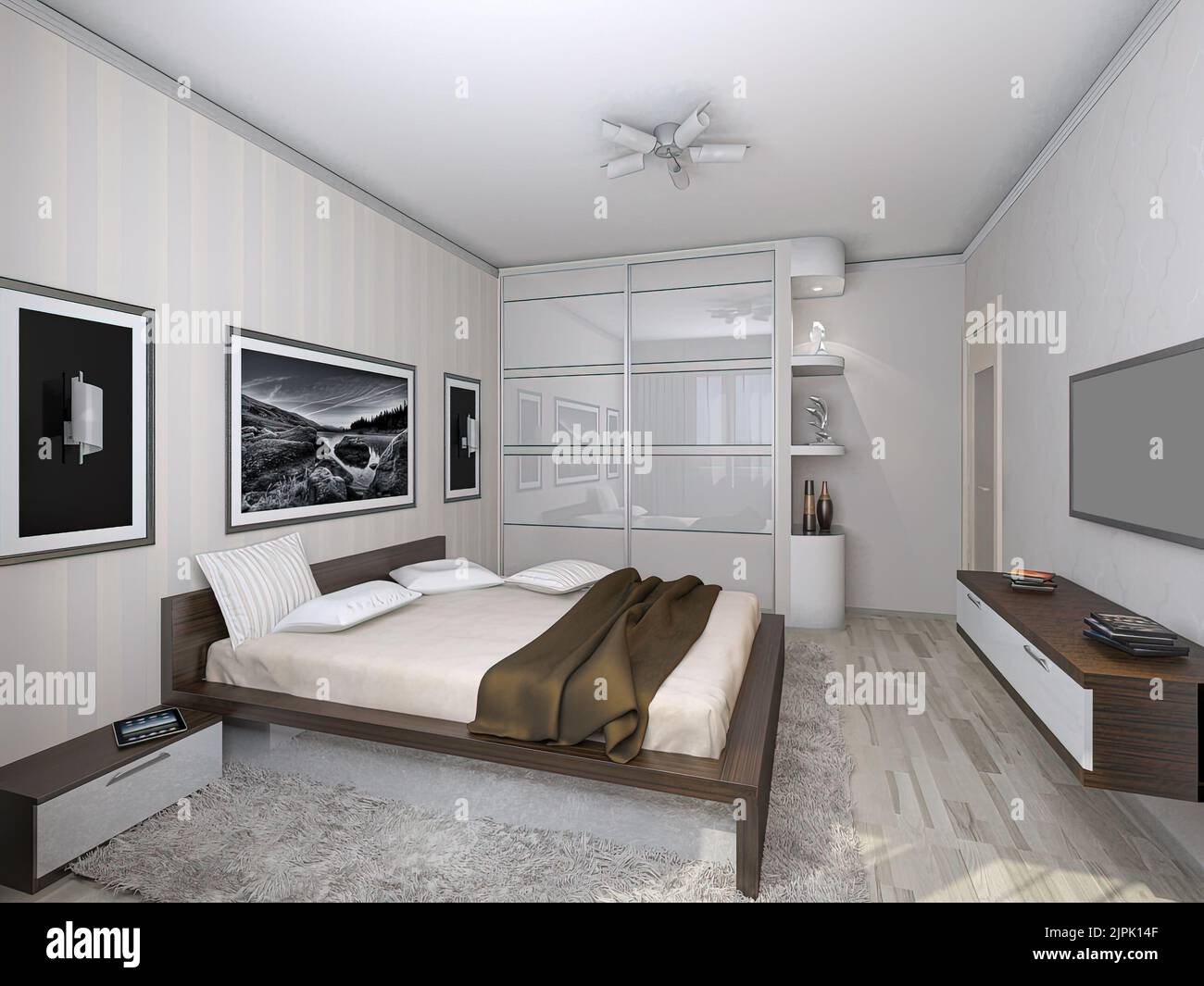 3d render of the master bedroom interior concept with built-in wardrobe ...
