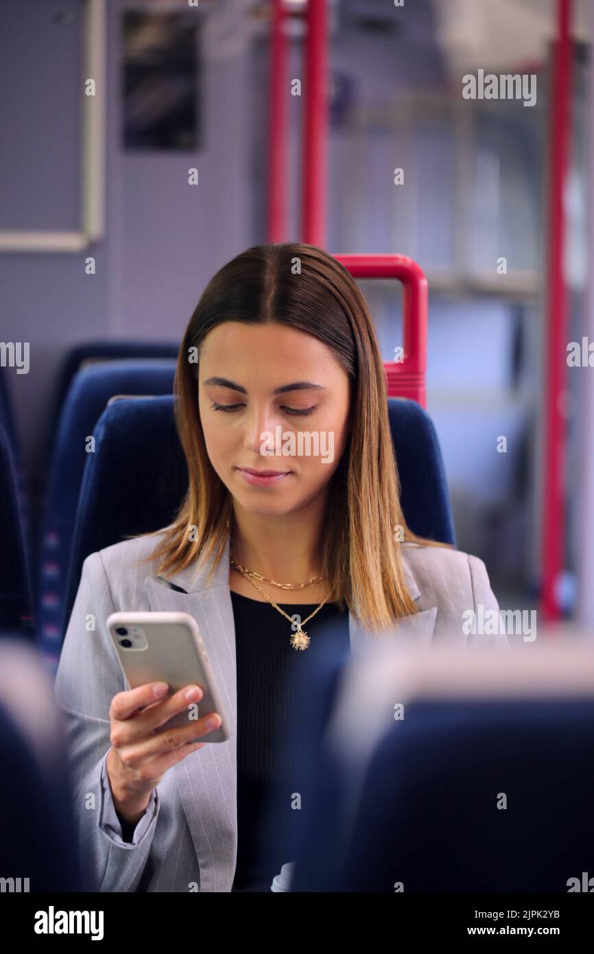 young woman, reading, smart phone, train, girl, girls, woman, young ...