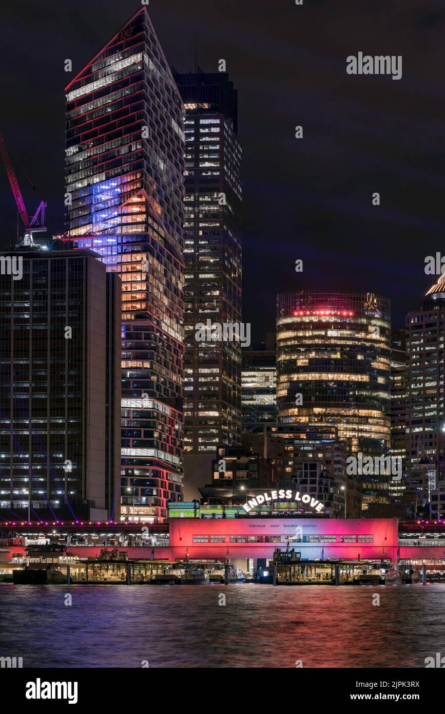 An Endless Love sign above Circular Quay Railway Station and many of ...