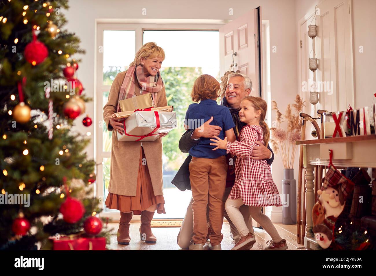 christmas, greeting, hug, grandparent, grandchildren, merry christmas ...