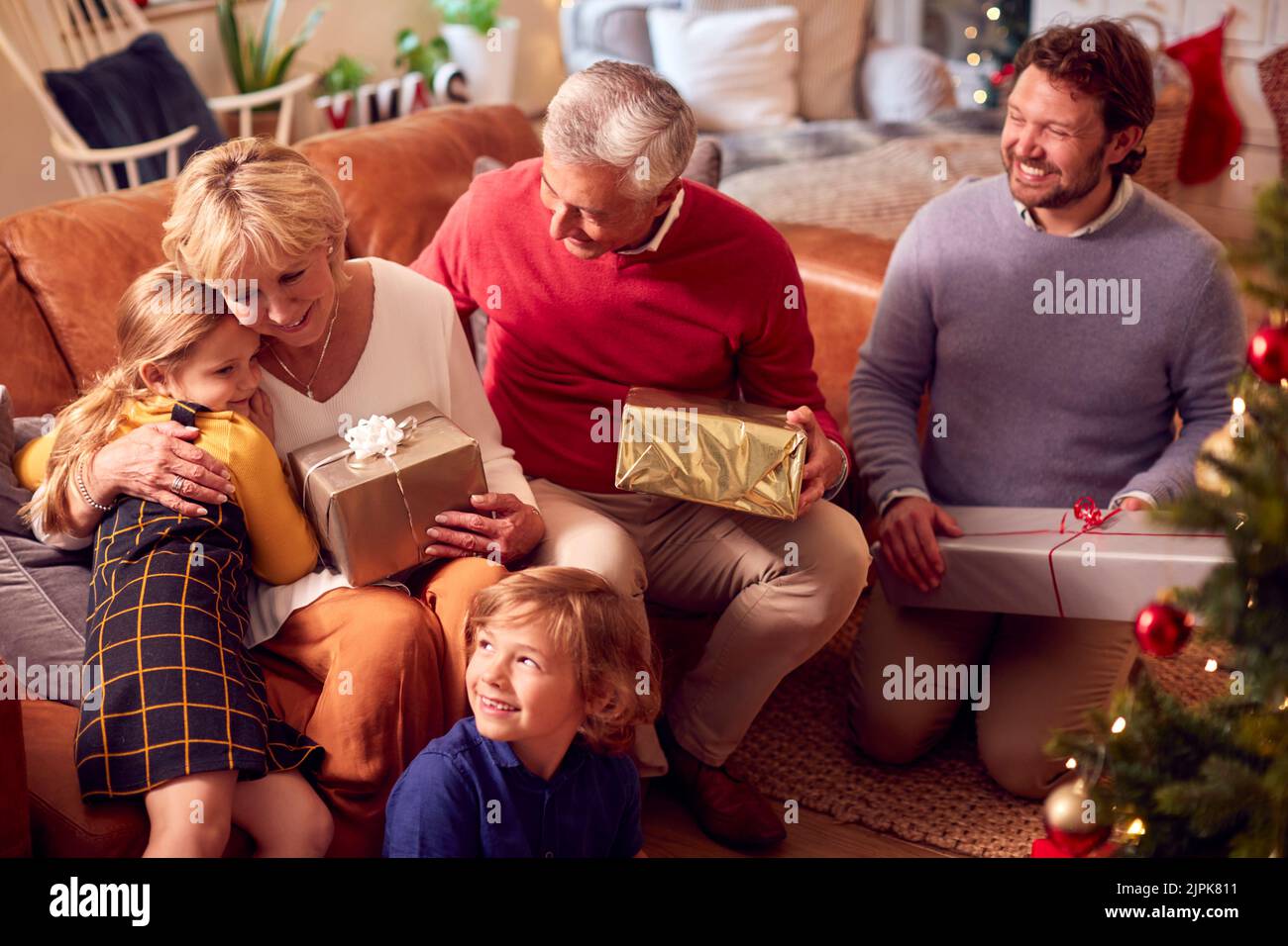 embracing, christmas, family, children, unpacking, grandparent ...