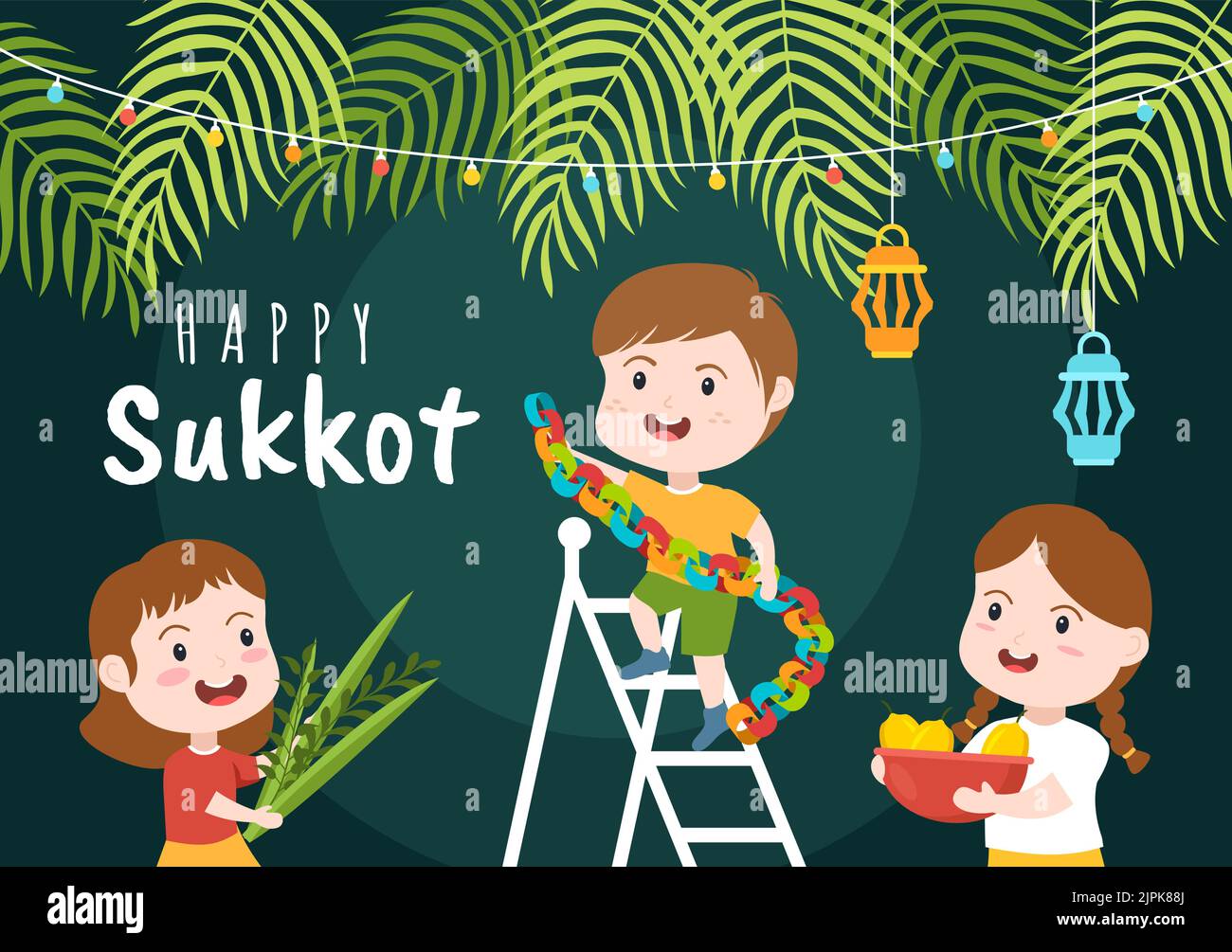 Happy Jewish Holiday Sukkot Hand Drawn Cartoon Flat Illustration with ...