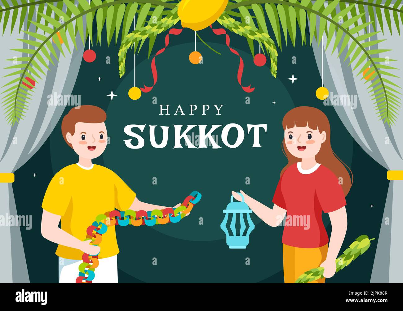 Happy Jewish Holiday Sukkot Hand Drawn Cartoon Flat Illustration with Sukkah, Etrog, Lulav ...