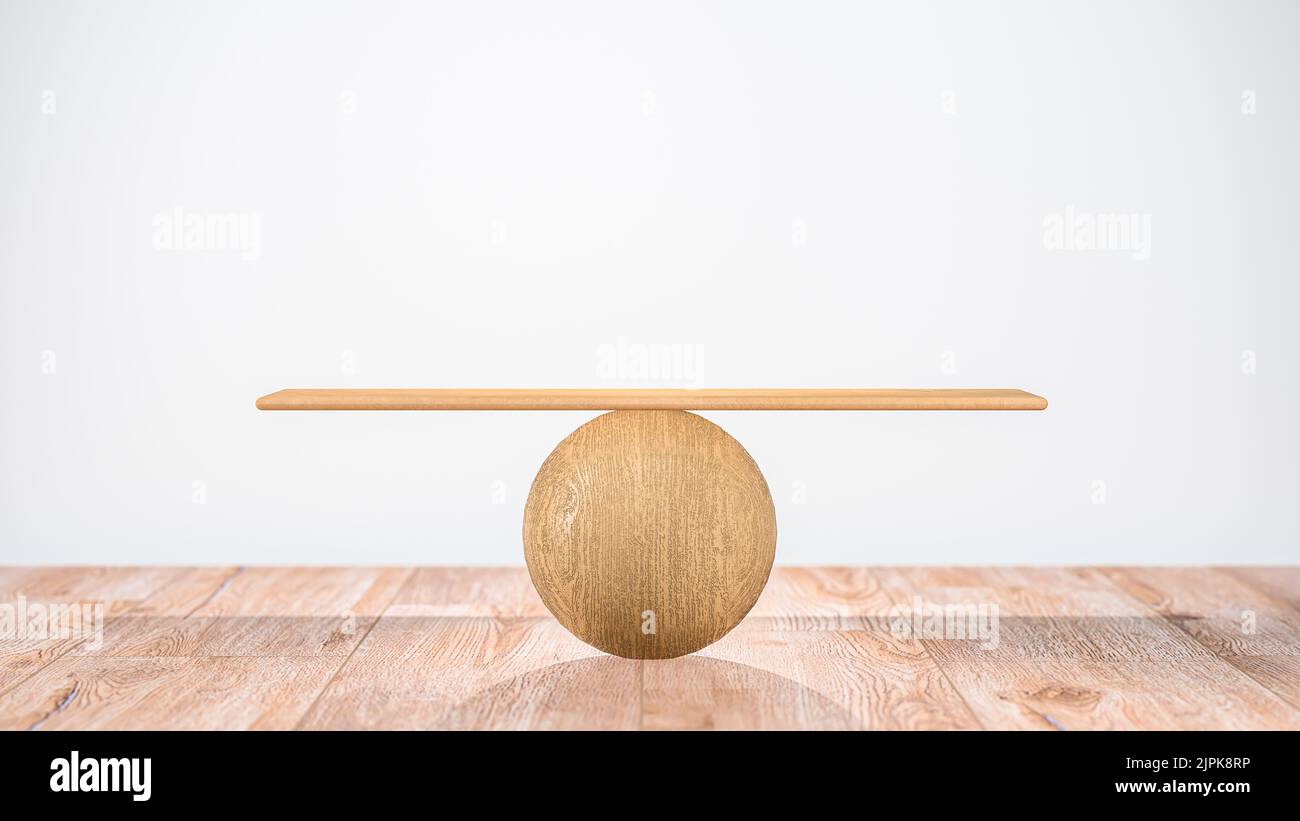 Wooden ball carrying a wooden plank in a balanced position, 3d ...