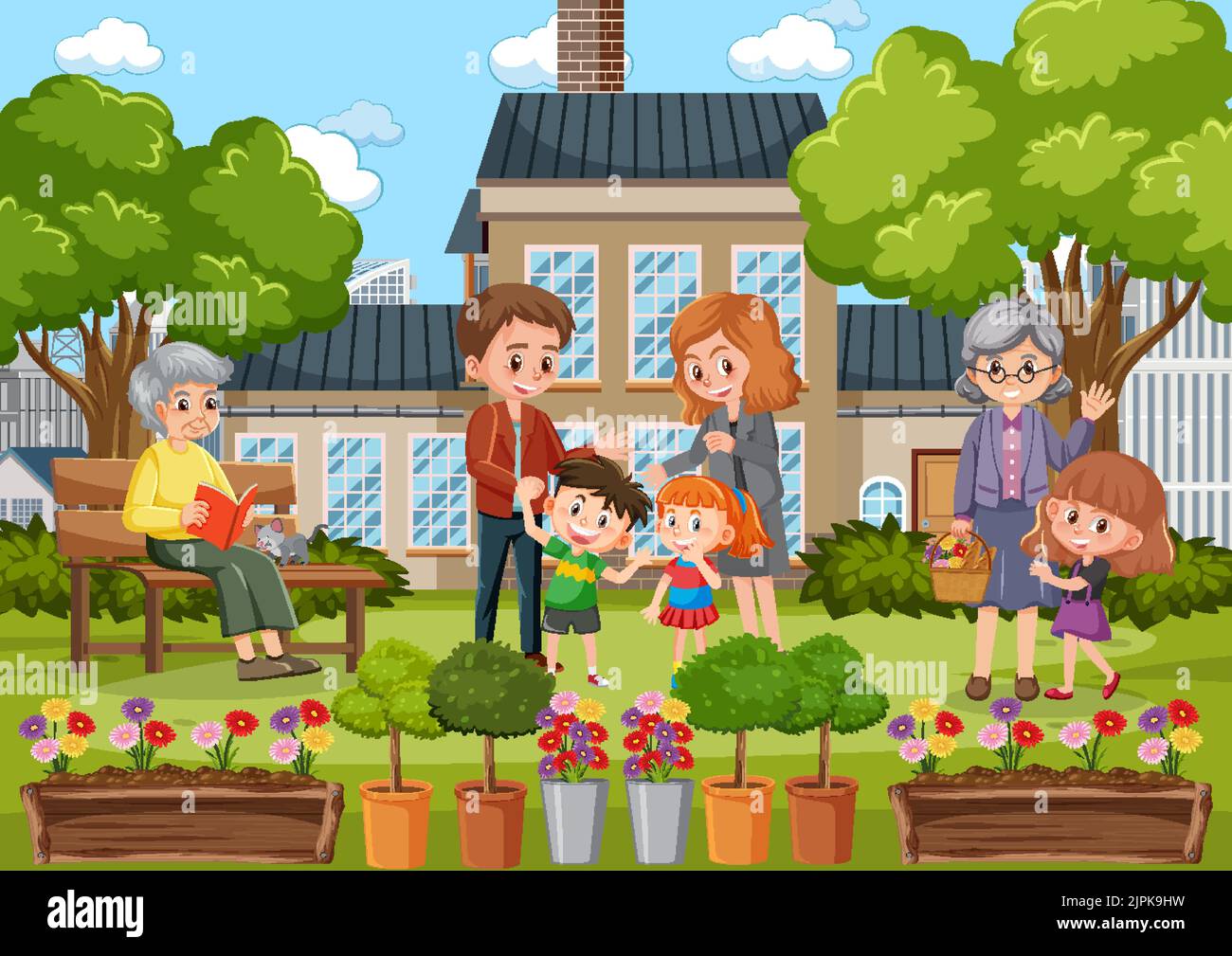 Happy family at the garden of house illustration Stock Vector Image ...