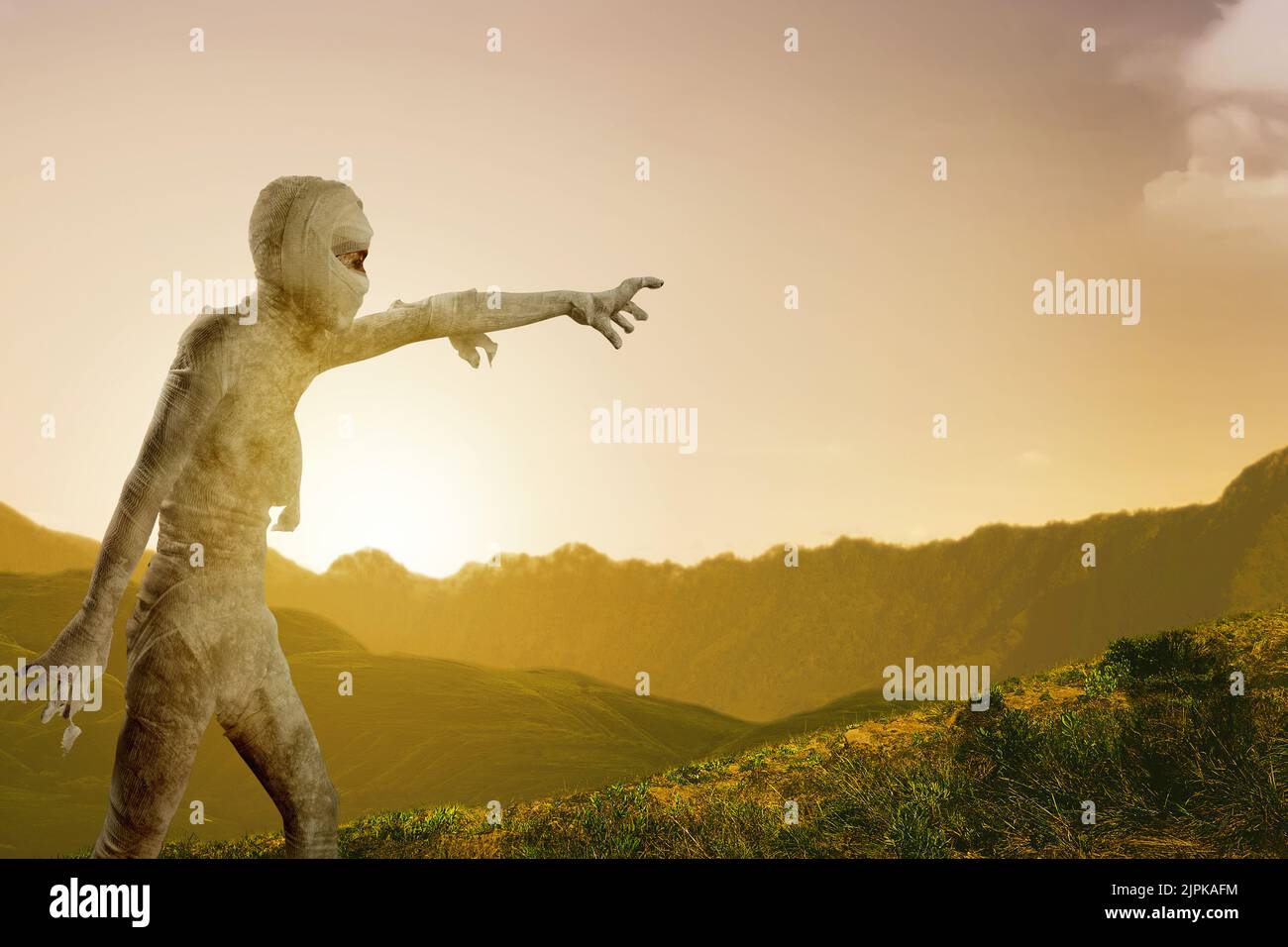 Mummy walking with claw hands on the field. Halloween concept Stock ...