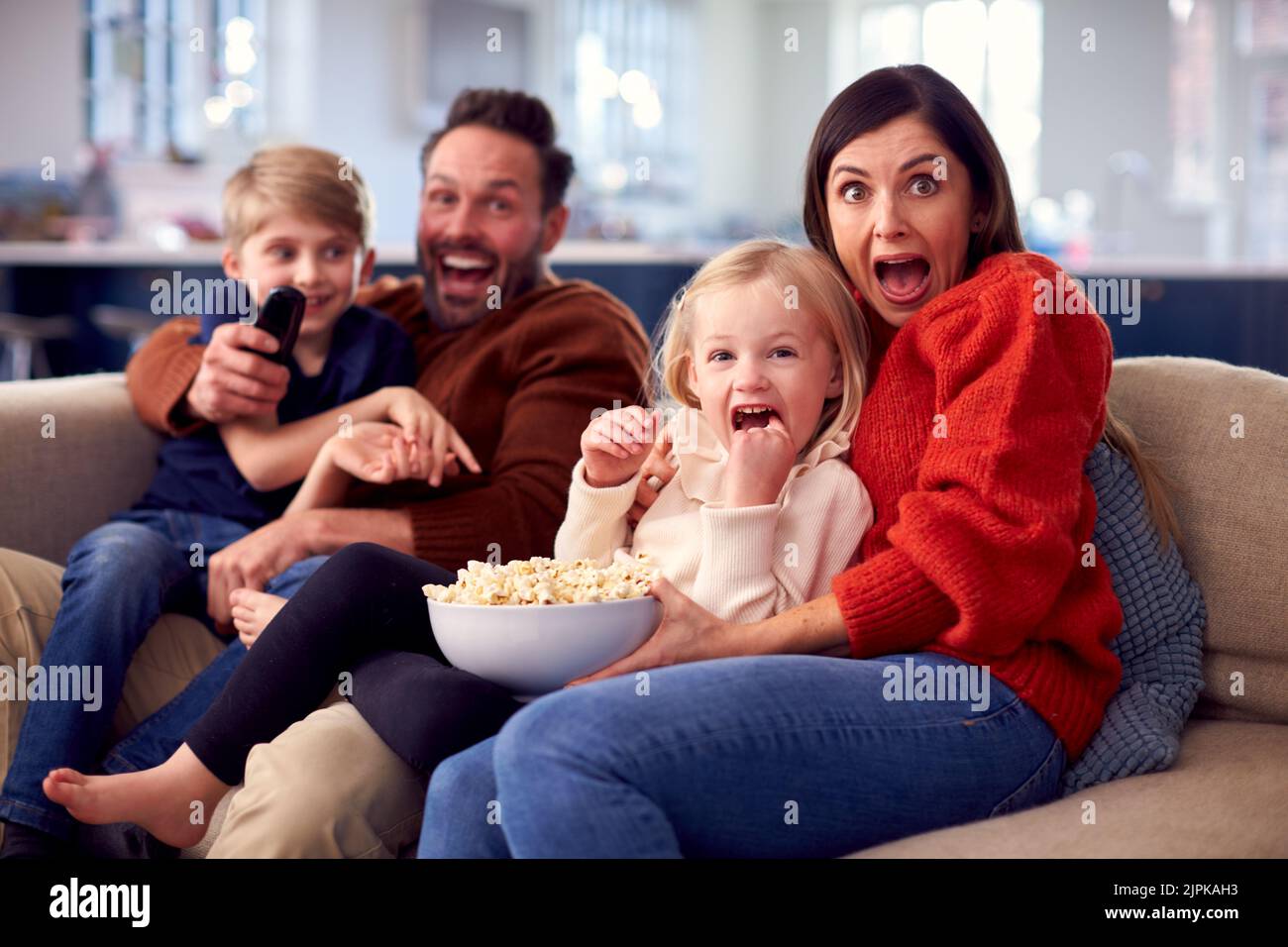 home, watching tv, excitement, family, popcorn, family life, scary ...