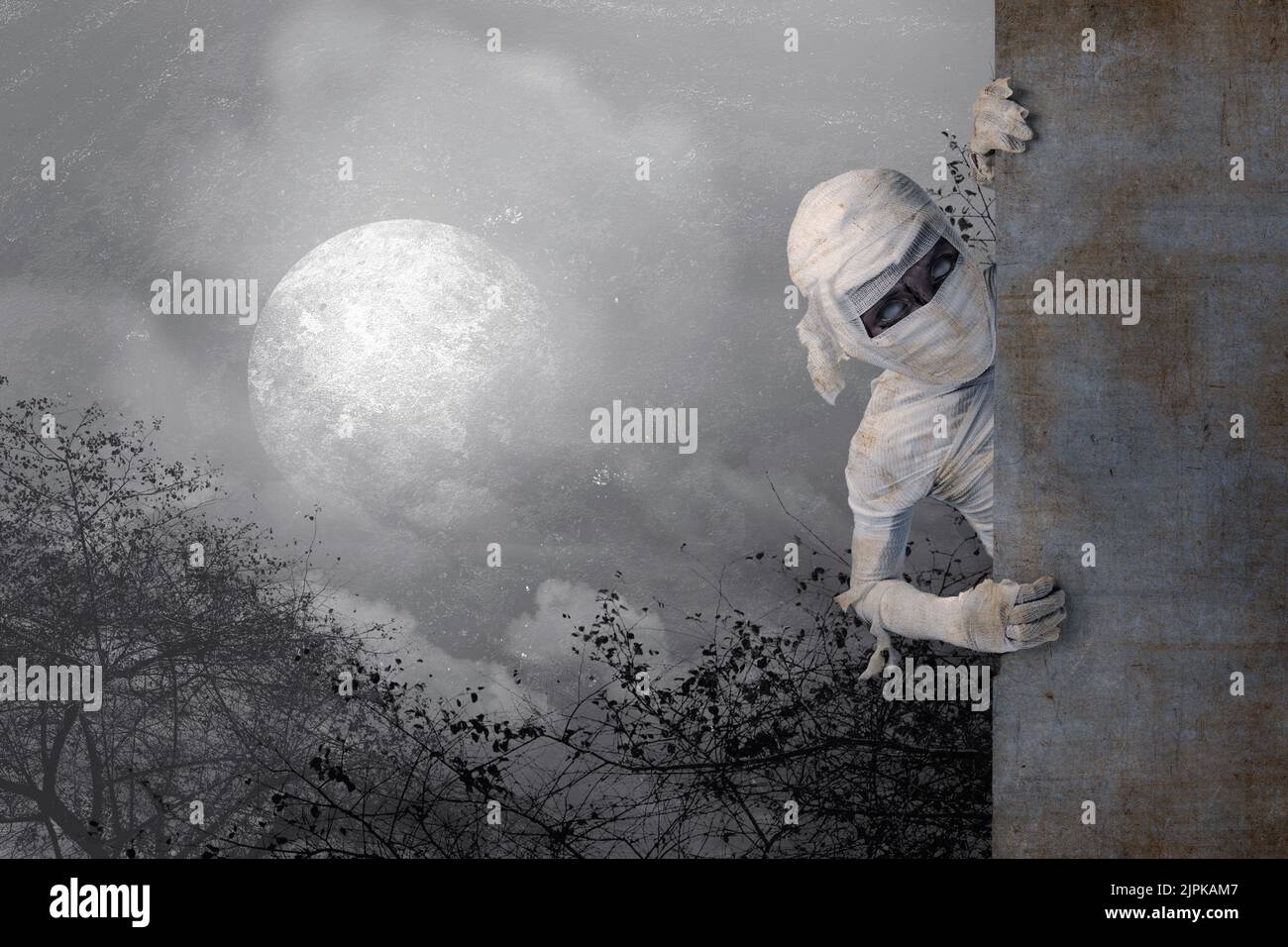 Mummy Comes From Behind The Wall With A Night Scene Background