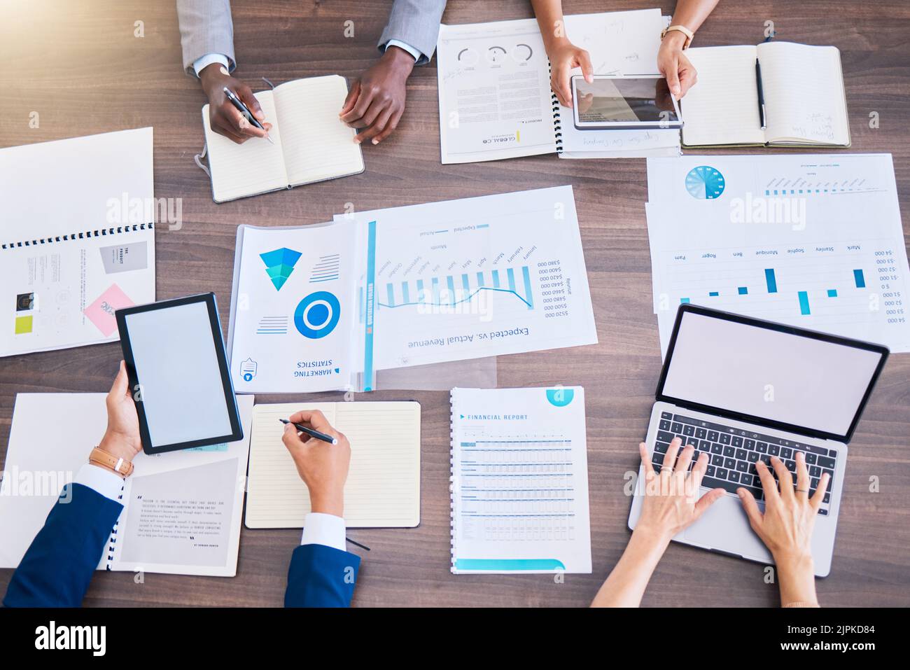 Marketing strategy, project management and data analysis on laptop ...