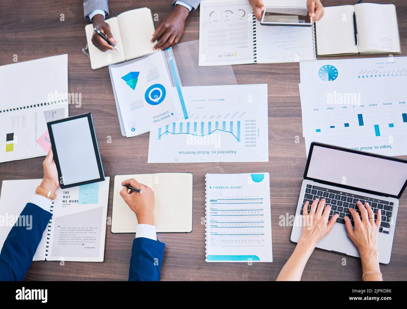Financial strategy, growth analysis and planning in meeting with laptop, tablet and graph charts ...