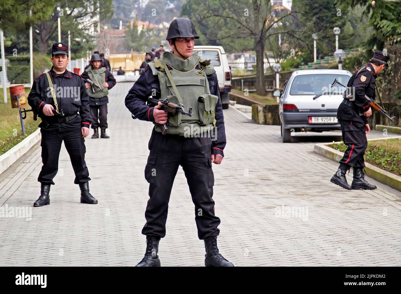 Riot police on the street during political demonstration, Tirana ...
