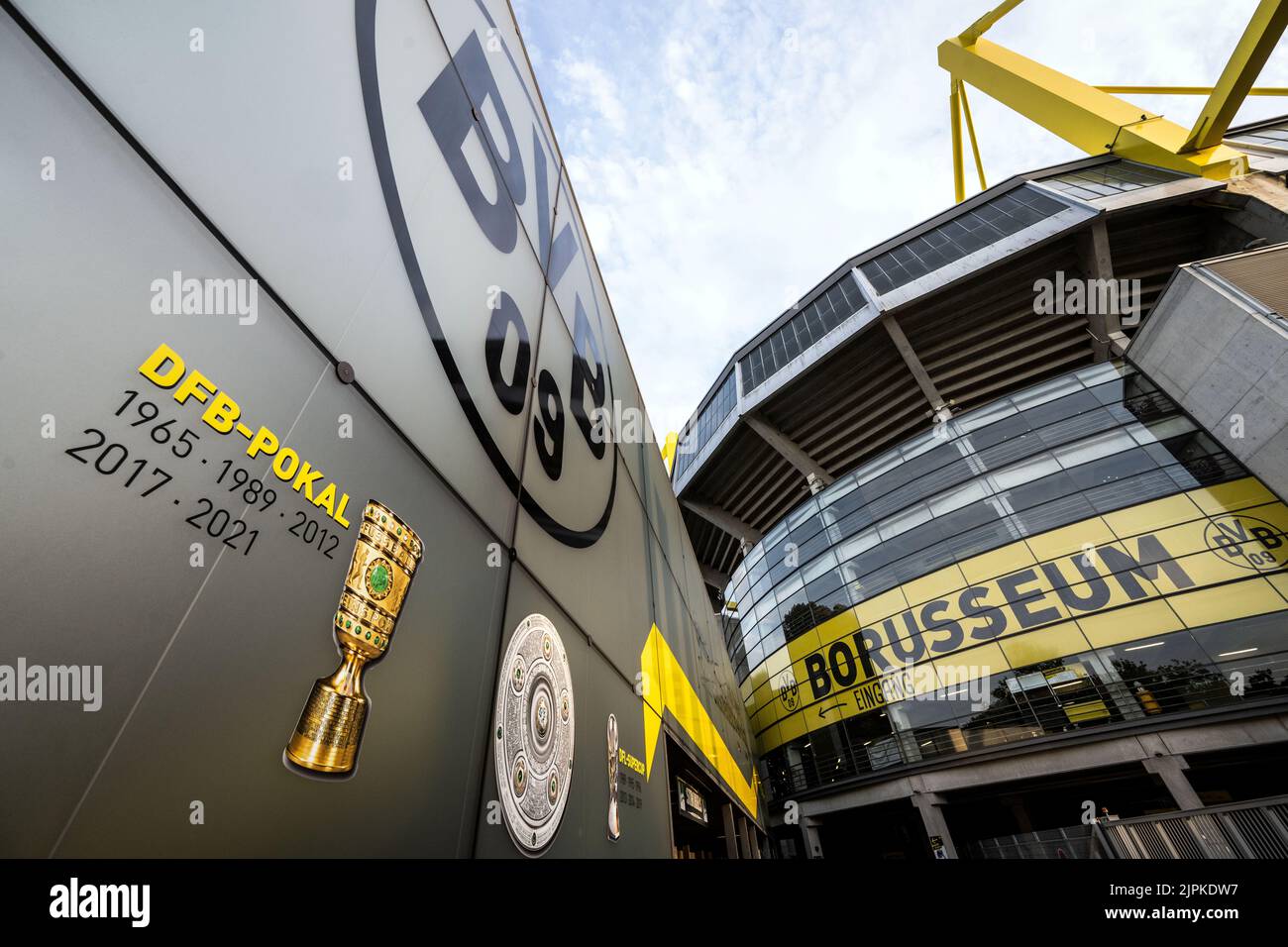 Dortmund, Germany. 16th Aug, 2022. BVB logo, the DFB Cup and the ...