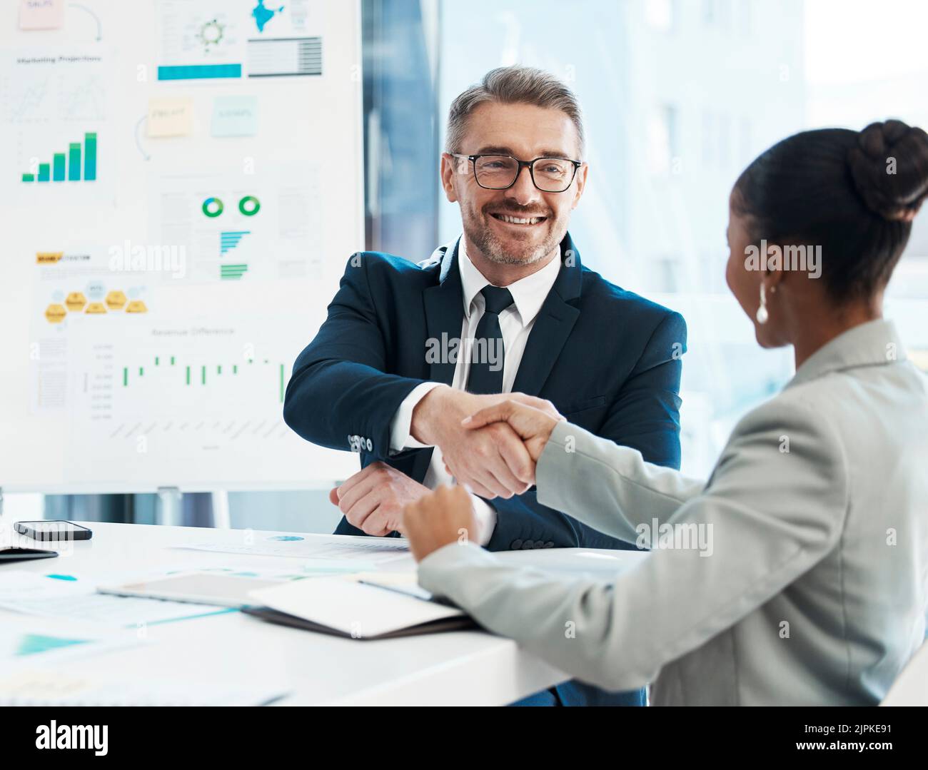 Formal, corporate meeting and handshake or business deal between ...